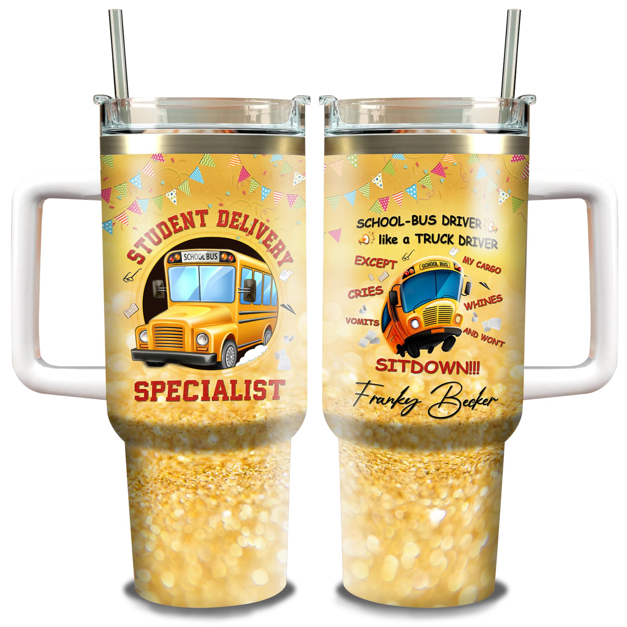 WAZONE Personalized Bus Driver Tumbler 40oz with Handle and Straw Stainless Steel Custom Name Student Delivery Specialist Cup Insulated Tumblers Back To School School Bus Driver Appreciation
