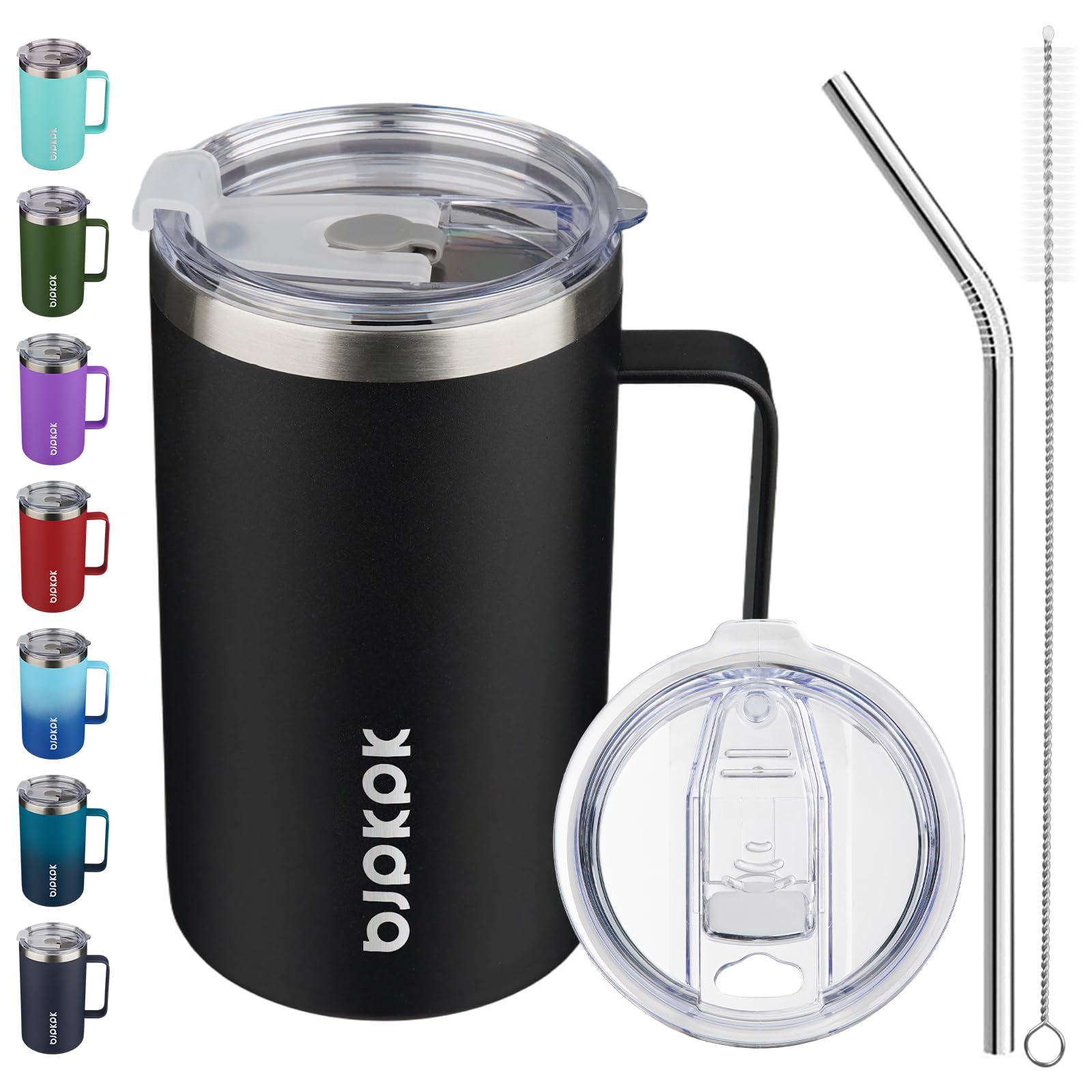 BJPKPK Insulated Coffee Mug with 2 Lids, 25oz Stainless Steel Insulated Tumbler with Handle, Double Wall Vacuum Coffee Cup, BPA Free Leak Proof Thermos for Travel & Home, Black