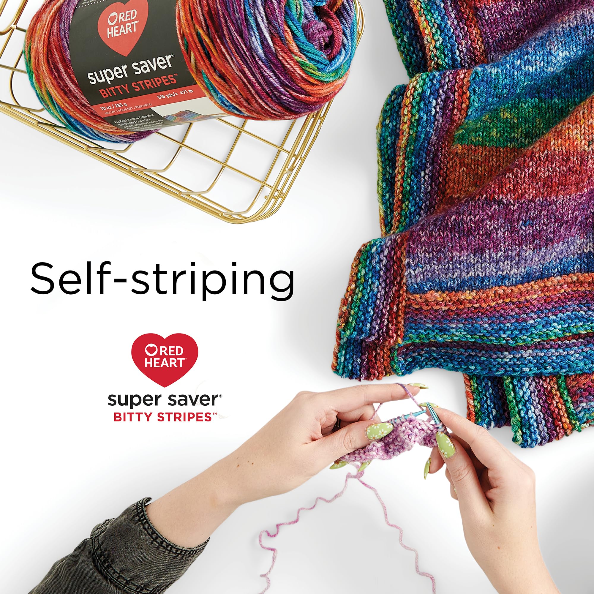 Red Heart Super Saver Bitty Stripe Crayon Box Yarn - 2 Pack of 10oz/283g - 100% Acrylic - #4 Worsted (Medium) - 515 Yards - Knitting/Crochet
