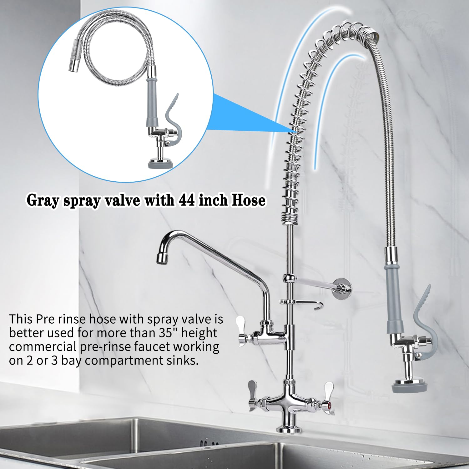 Pre Rinse Spray Valve with Stainless Hose 44inch Flexible Commercial Sink Faucet Replacement Kit 1.42GPM High Pressure Restaurant Dish Sprayer for Wall/Deck Mount Industrial Kitchen Faucets