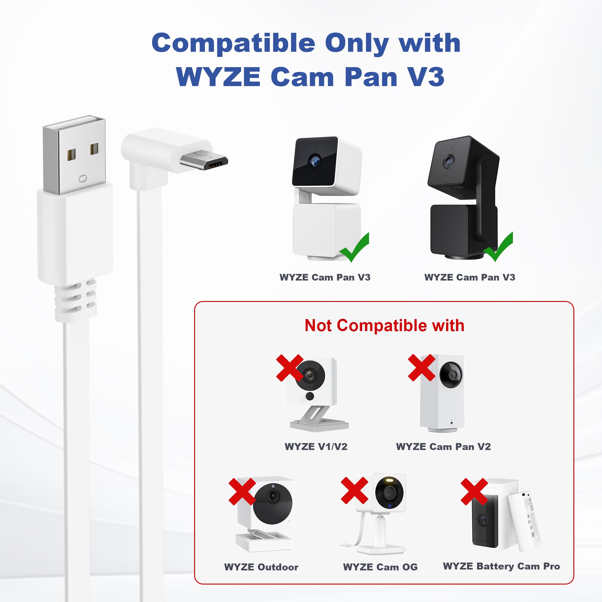 Itramax WYZE Cam Pan V3 Power Cable 20FT 2Pack,Micro USB Extension Cord 90 Degree Charger Adapter L-Shaped Long Flat Charging for WYZE Pan V3 Outdoor Camera No Support Data Transfer,White 15 25 30 FT