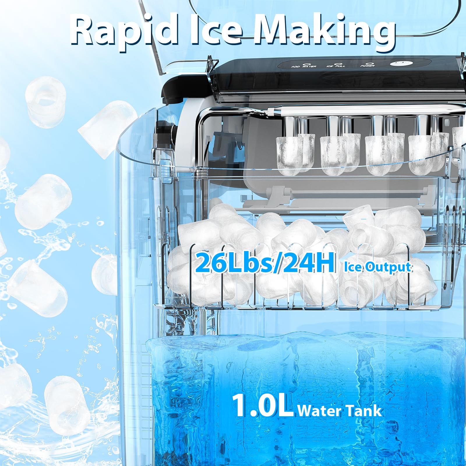 Antarctic Star Countertop Ice Maker，Portable Ice Makers with Self-Cleaning, Bullet Ice Machine, 26Lbs/24H, 9 Ice Cubes Ready in 6 Mins for Kitchen Bar Party RV, Black