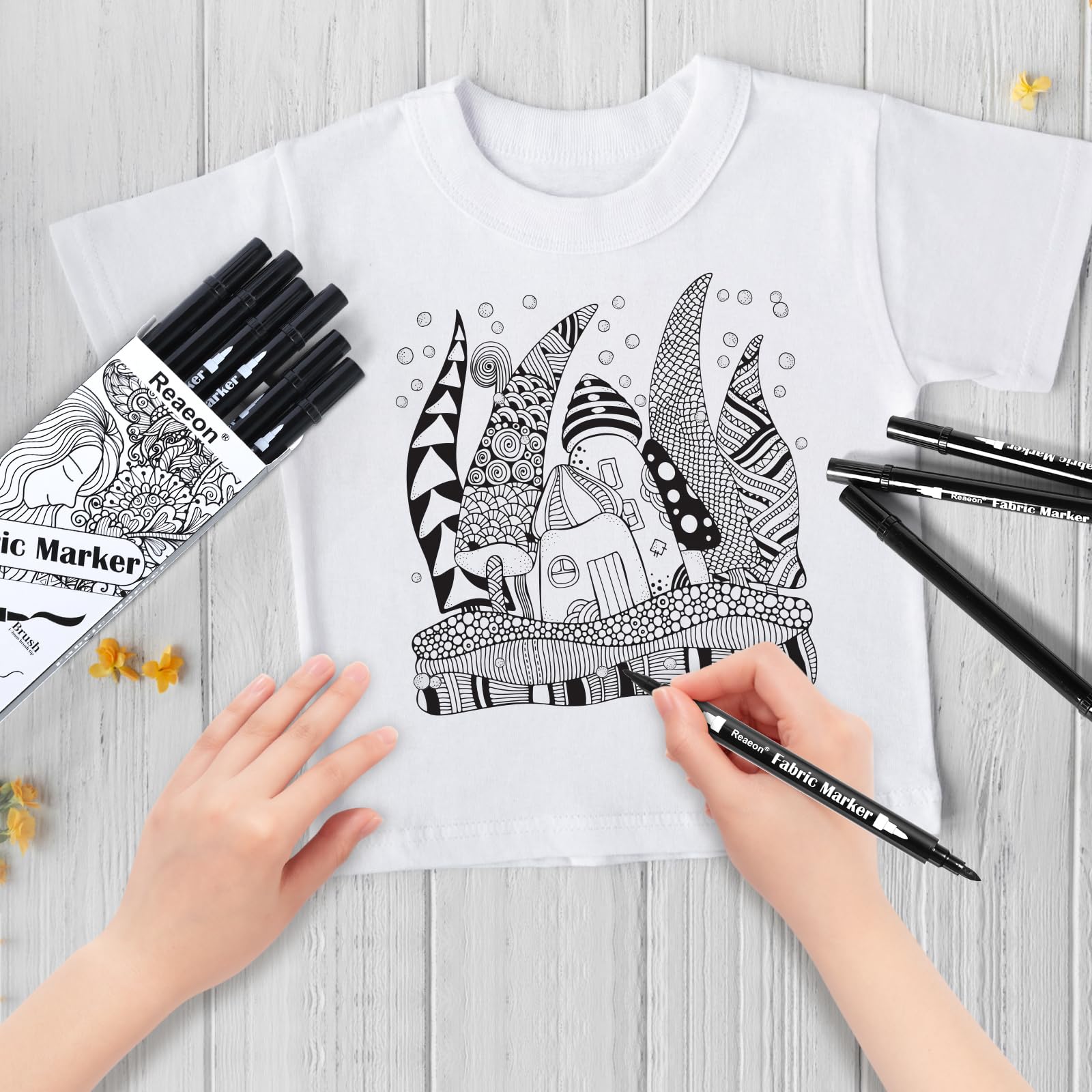 Reaeon Black Fabric Markers, Dual Tip Fabric Paint Markers, Permanent Fabric Pens for Clothes, T Shirts, Canvas, Bags (6pack)