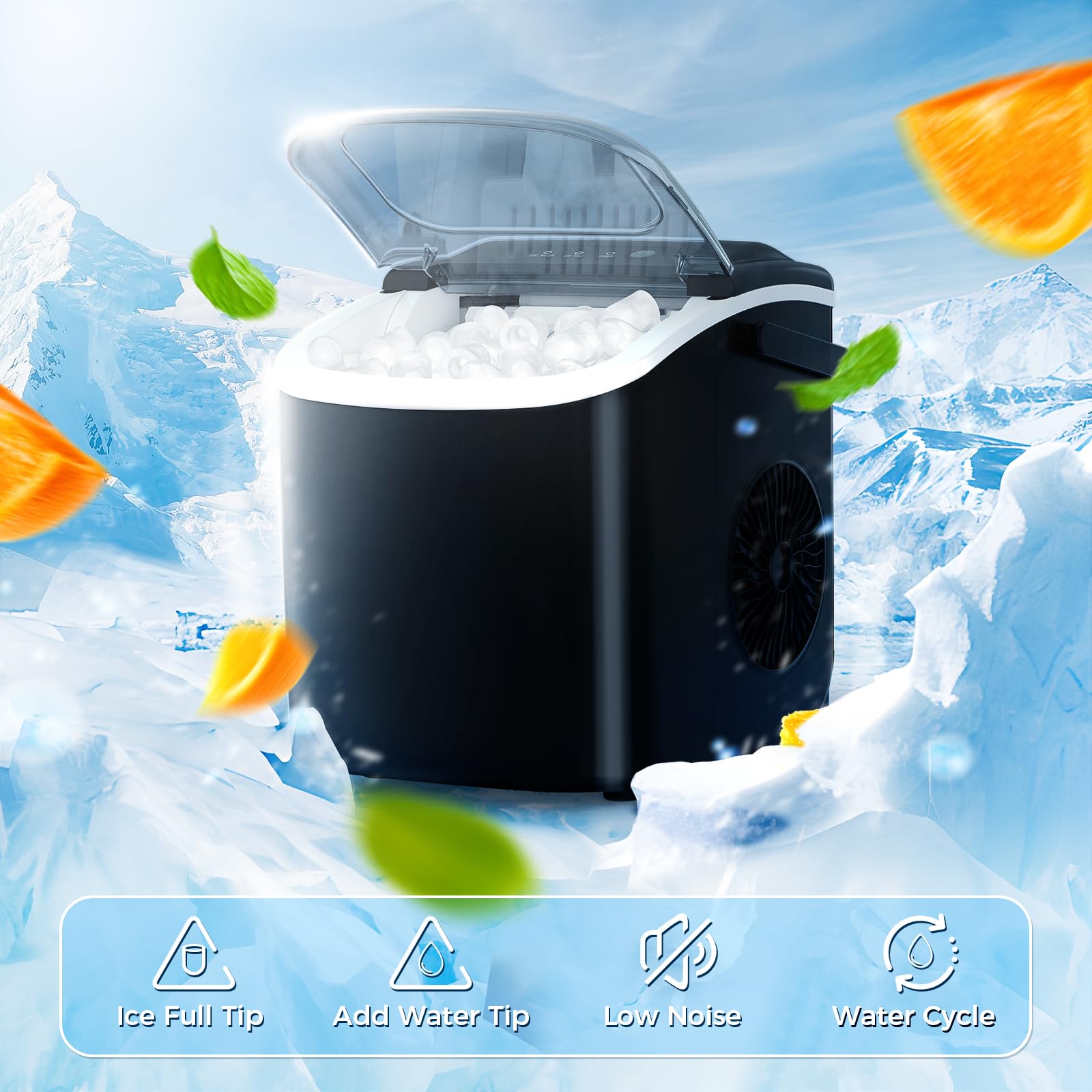 Antarctic Star Countertop Ice Maker，Portable Ice Makers with Self-Cleaning, Bullet Ice Machine, 26Lbs/24H, 9 Ice Cubes Ready in 6 Mins for Kitchen Bar Party RV, Black