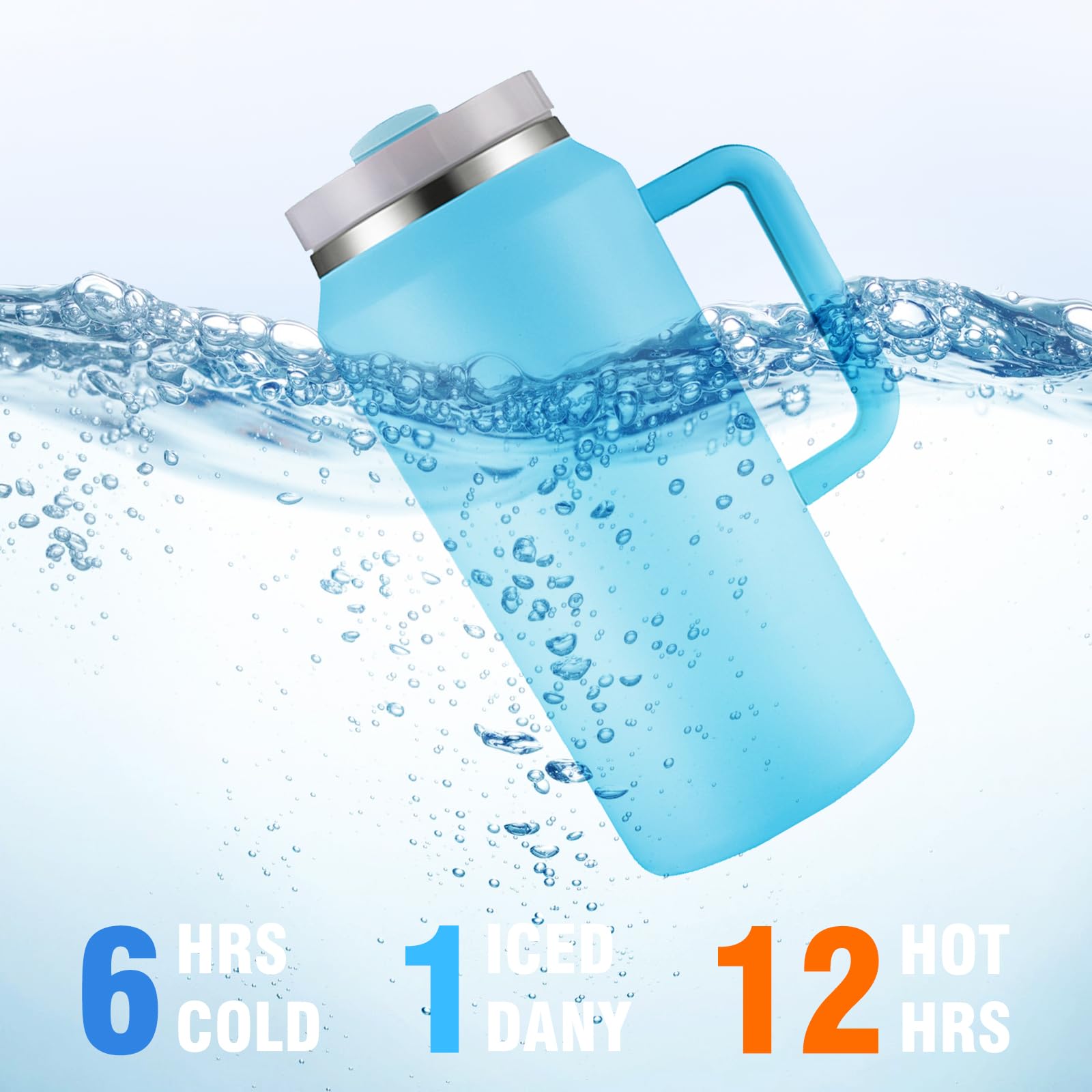 PlanetFlame 64oz Insulated Tumbler with Handle, Stainless Steel Double Wall Vacuumn Water Bottle, Lid and Straw for School, Gym, Hiking & Camping, Blue