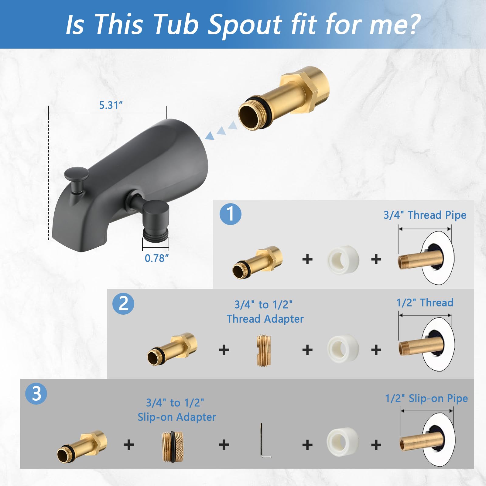 Sperwoesy All Metal Tub Spout with Diverter Matte Black, Fits 1/2” or 3/4" Threaded Pipes, Bathtub Faucet with Shower Diverter for Convenient Water Control