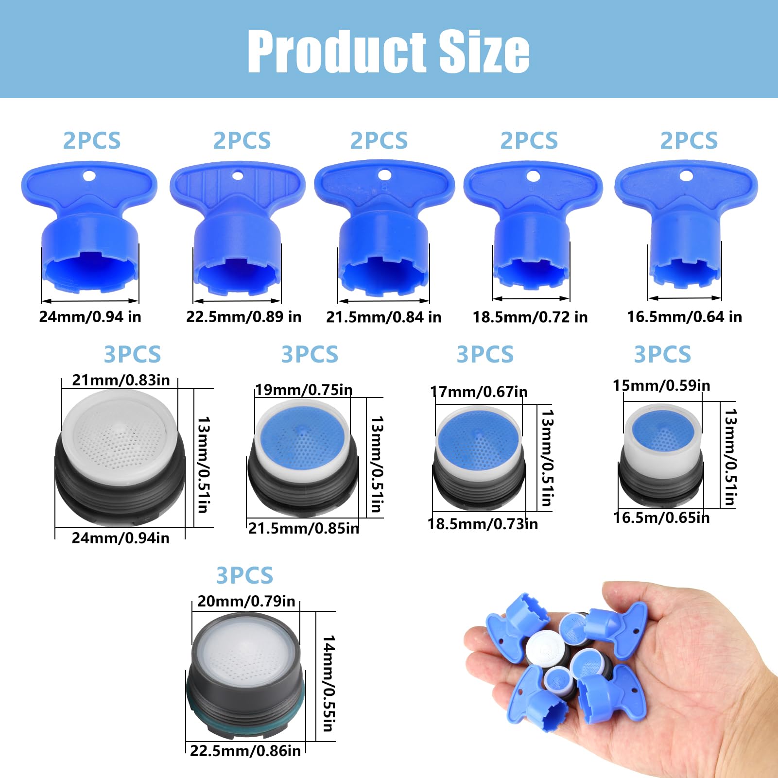 hoeslaw 25 Pcs Kitchen Faucet Aerator, Replacement Inserts for Sink Tap Flow Restrictor, Efficient 15 Cache Aerators with 10 Key Removal Wrench Tool for Bathroom Kitchen (M16.5 18.5 21.5 22.5 24 mm)