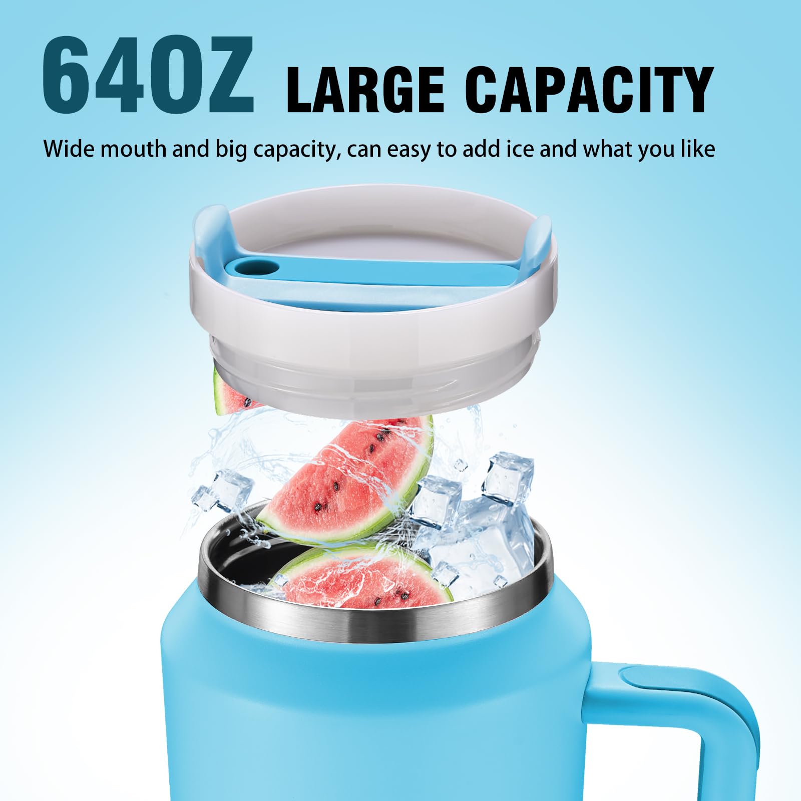 PlanetFlame 64oz Insulated Tumbler with Handle, Stainless Steel Double Wall Vacuumn Water Bottle, Lid and Straw for School, Gym, Hiking & Camping, Blue