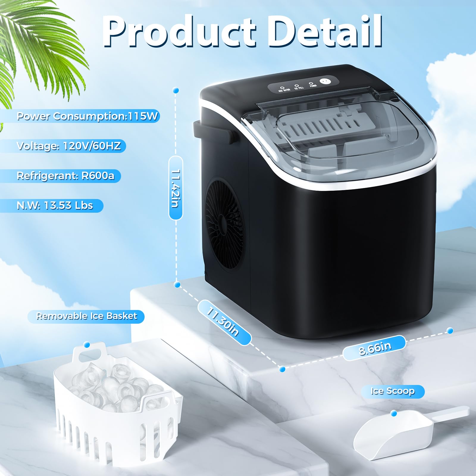 Antarctic Star Countertop Ice Maker，Portable Ice Makers with Self-Cleaning, Bullet Ice Machine, 26Lbs/24H, 9 Ice Cubes Ready in 6 Mins for Kitchen Bar Party RV, Black