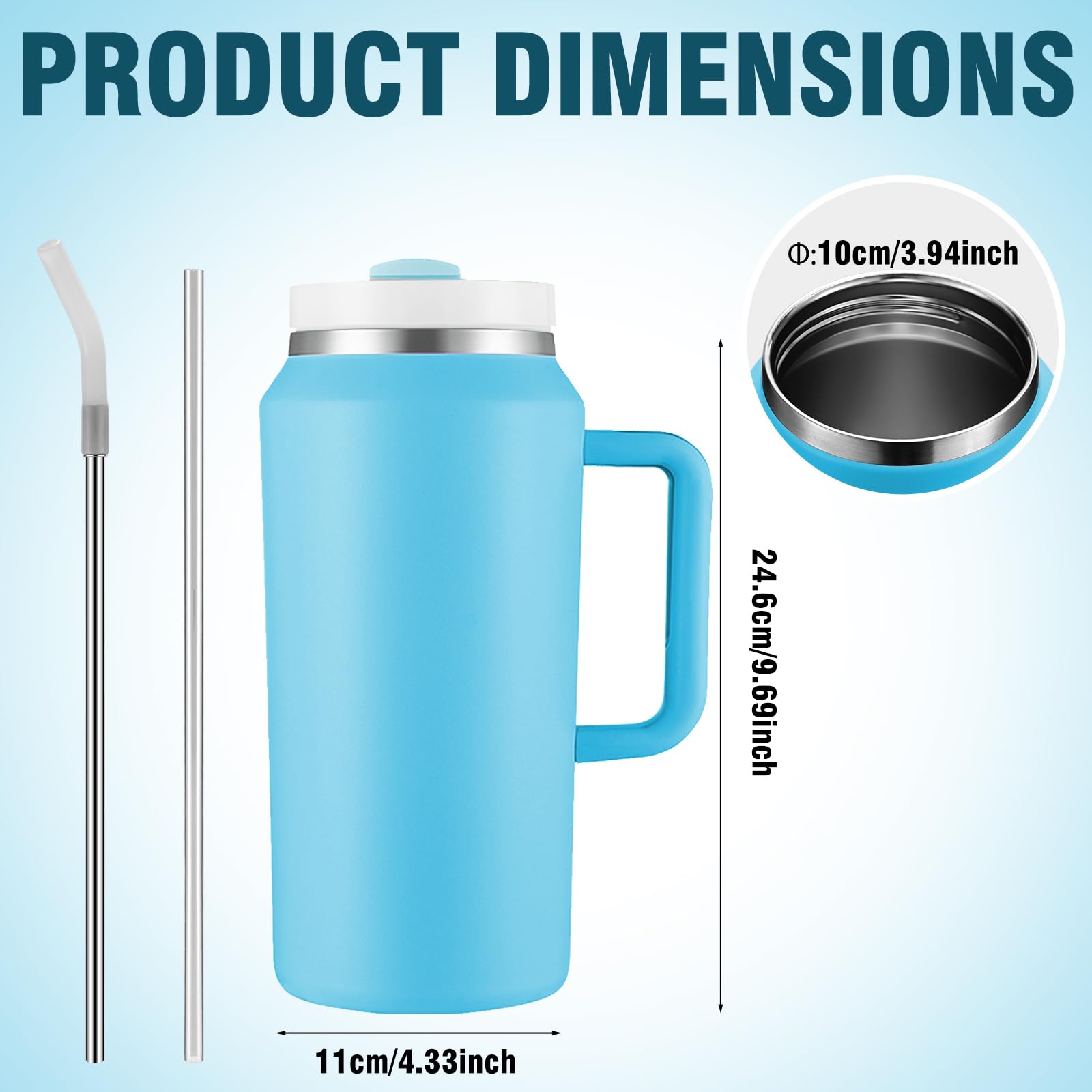 PlanetFlame 64oz Insulated Tumbler with Handle, Stainless Steel Double Wall Vacuumn Water Bottle, Lid and Straw for School, Gym, Hiking & Camping, Blue