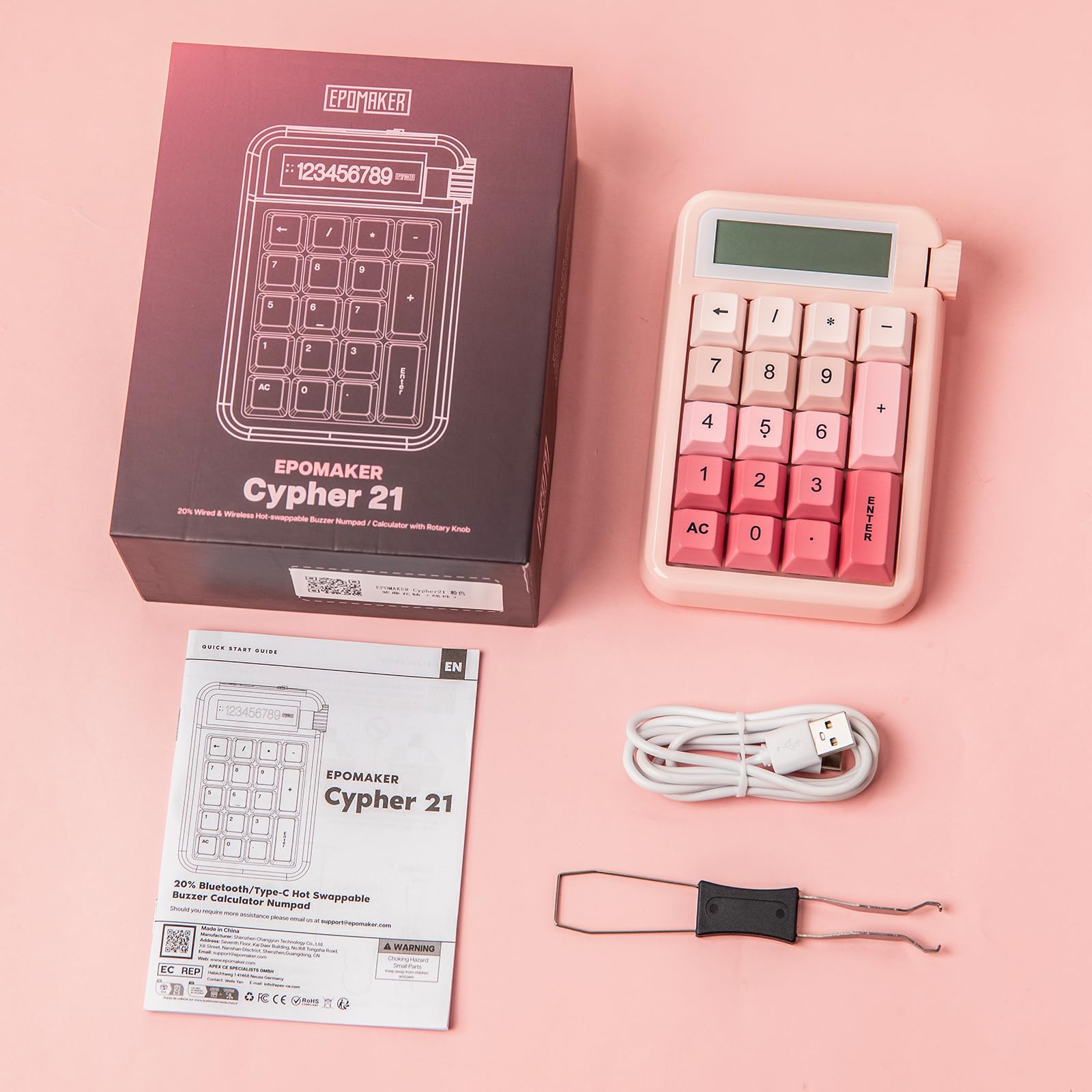 EPOMAKER Cypher 21 Wireless Mechanical Number Pad, 18 Keys Numeric Keypad with Multifunction Knob, Single White Light, NKRO (Pink, Wisteria Linear Switch)