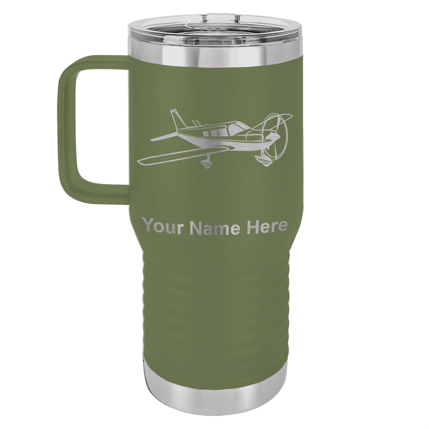 LaserGram 20oz Vacuum Insulated Travel Mug with Handle, Low Wing Airplane, Personalized Engraving Included (Camo Green)