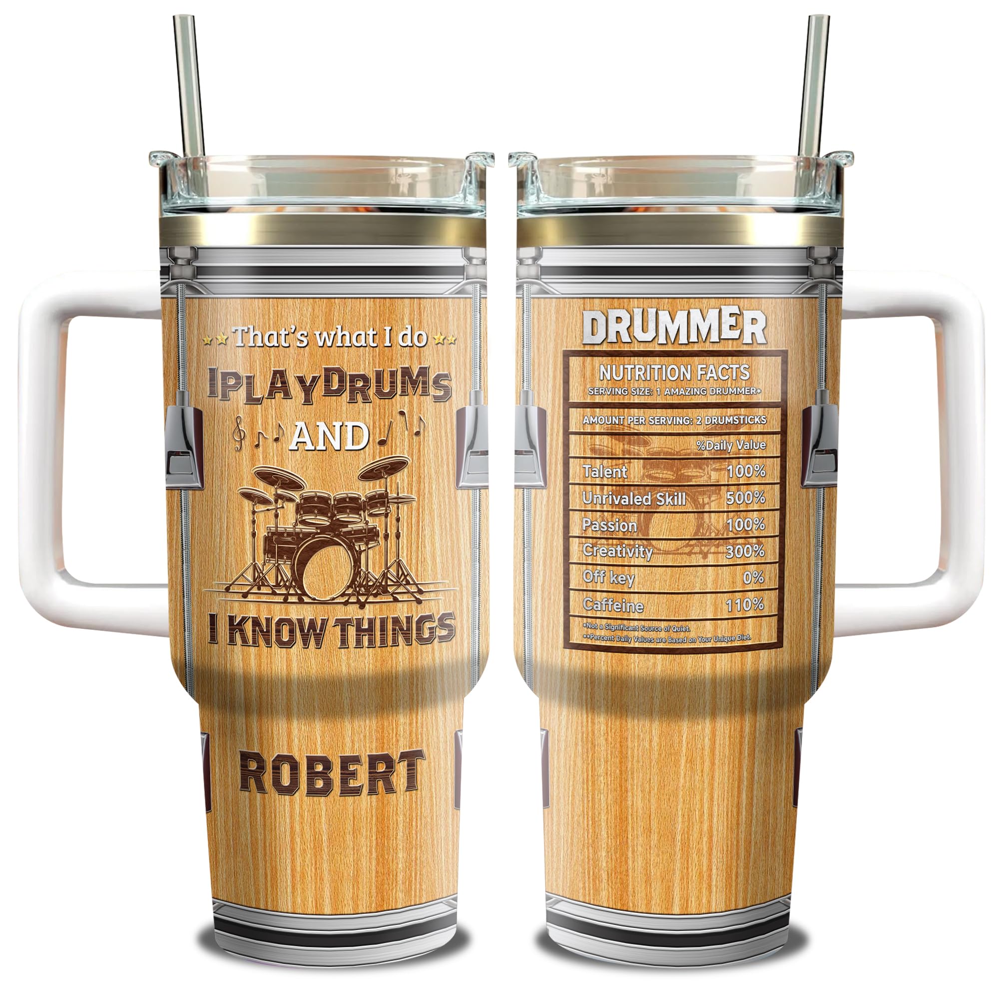 WAZONE Personalized Drummer Nutrition Facts Tumbler 40oz with Handle and Straw Custom Name I Play Drums And I Know Things Funny Saying Music Travel Mug Cool Gifts For Drummers Enthusiast Men