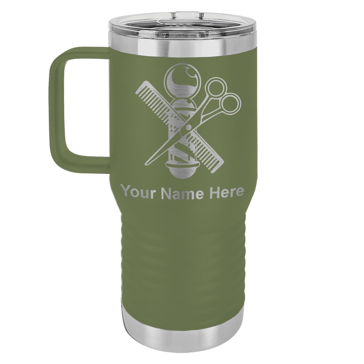 LaserGram 20oz Vacuum Insulated Travel Mug with Handle, Barber Shop Pole, Personalized Engraving Included (Camo Green)