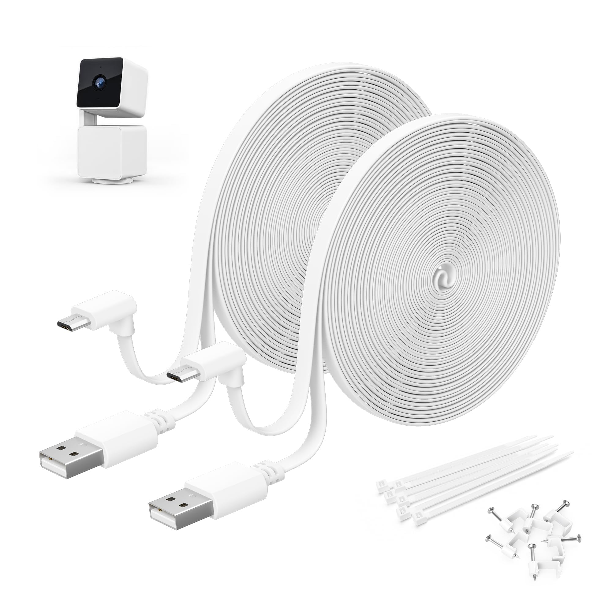 Itramax WYZE Cam Pan V3 Power Cable 20FT 2Pack,Micro USB Extension Cord 90 Degree Charger Adapter L-Shaped Long Flat Charging for WYZE Pan V3 Outdoor Camera No Support Data Transfer,White 15 25 30 FT