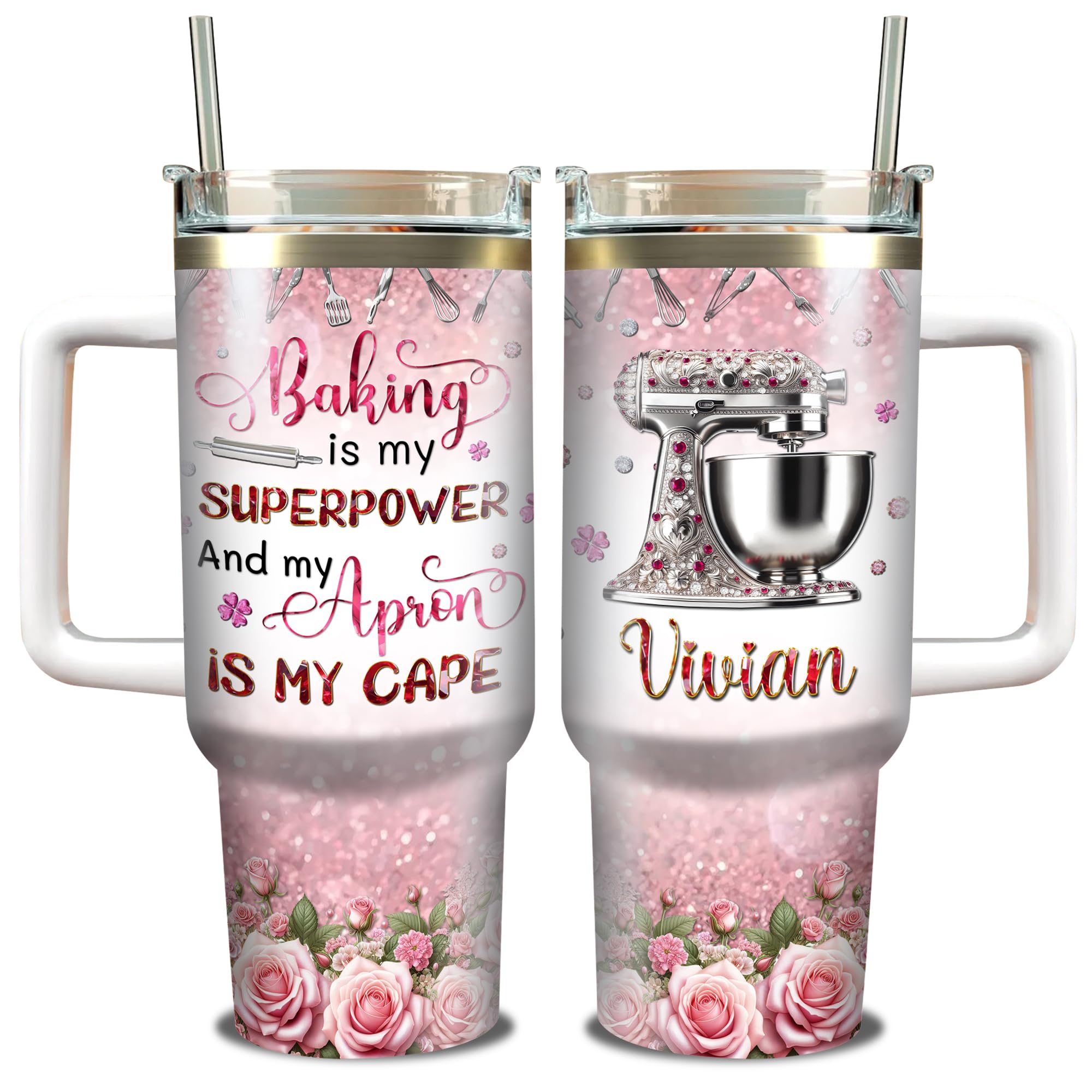 WAZONE Personalized Baking Tumbler 40oz with Handle and Straw Custom Name Jewelry Style Vacuum Insulated Travel Mug Cup Pastry Chef Cooking Themed Gifts For Cute Baker Women Who Love To Bake