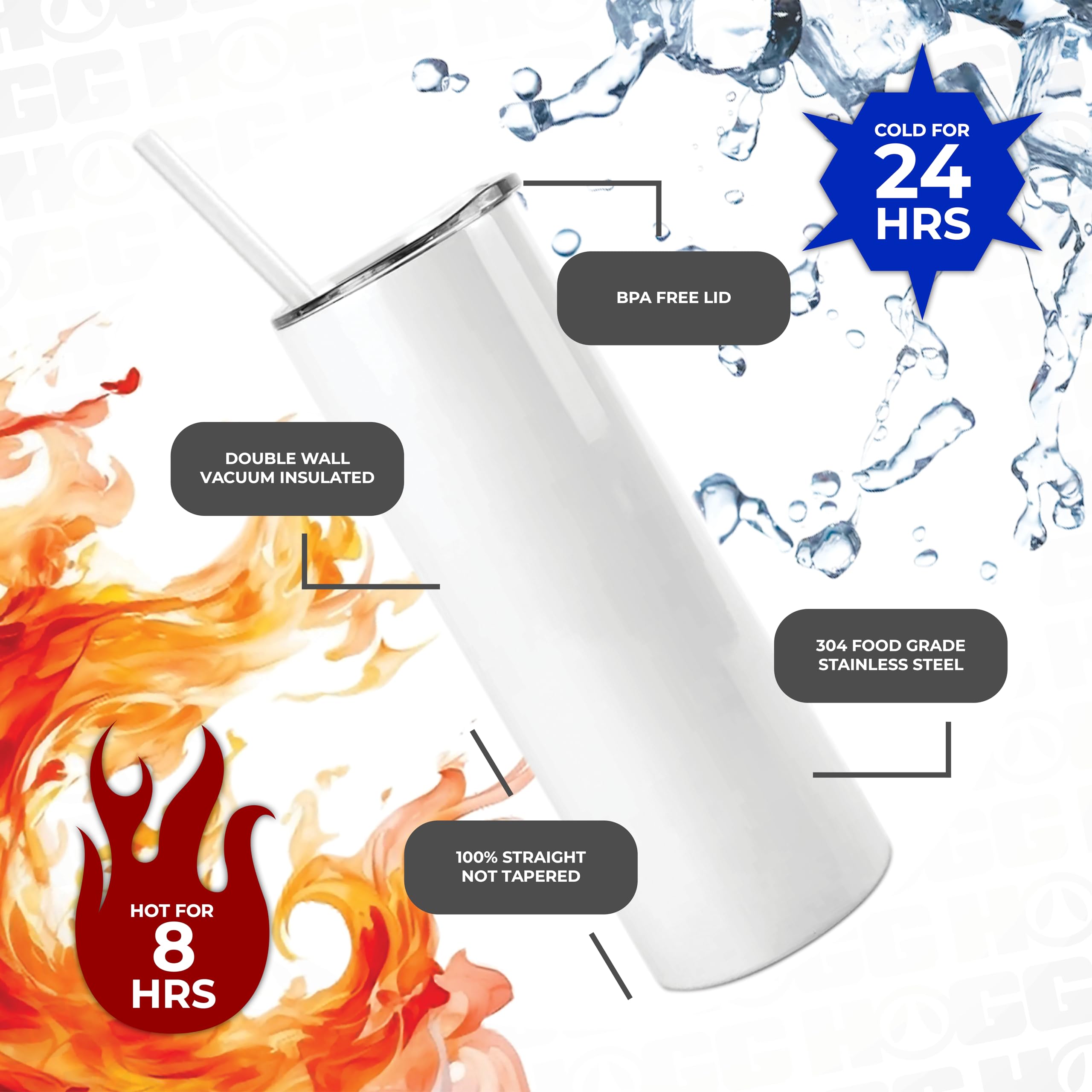 Hogg 20 oz Sublimation Tumblers Edge (9 Units) - Flat Bottom, Sublimation Blanks, Bulk Tumblers with Lids and Straws, 20oz Skinny, Blank Cups