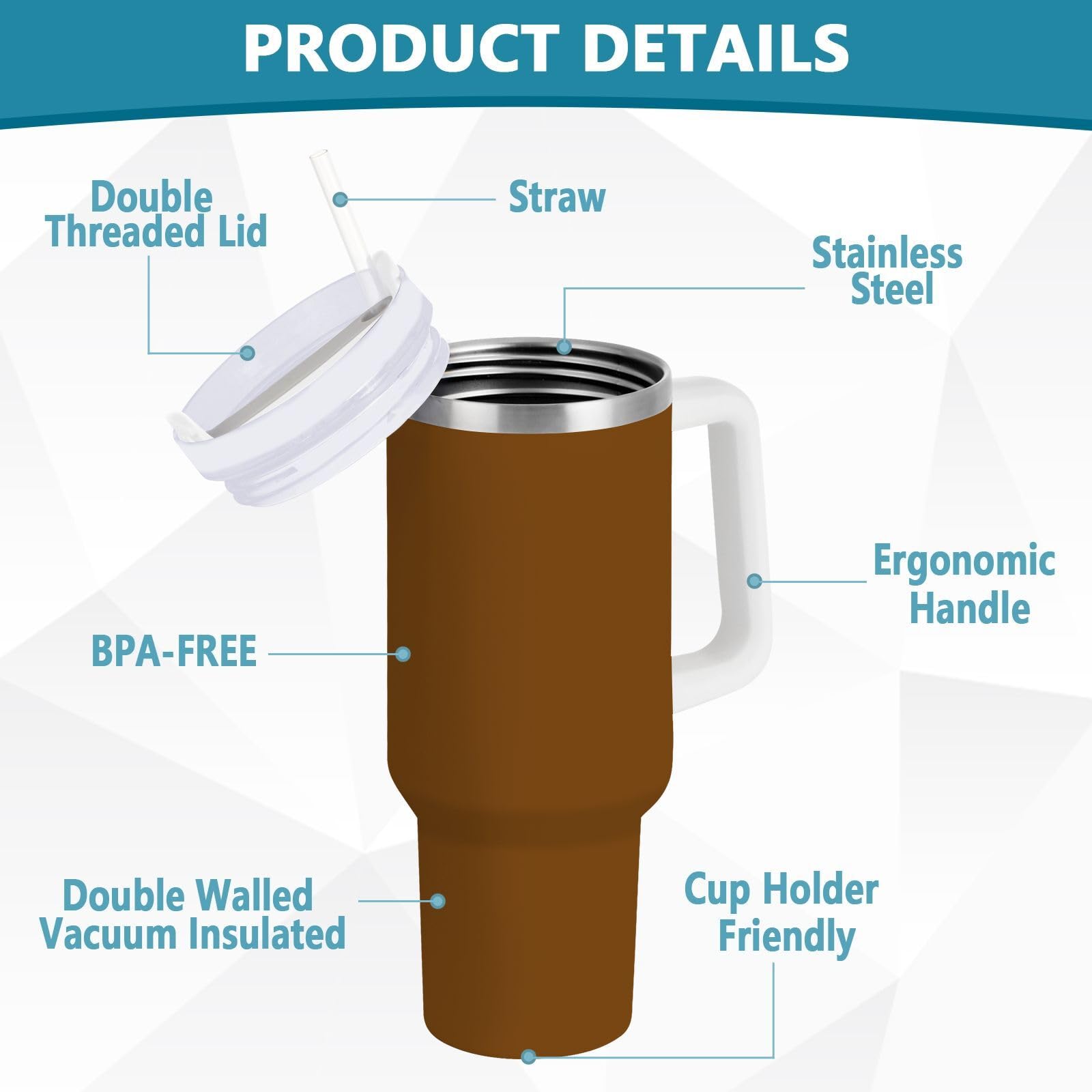 Emelivor Brown 40 oz Tumbler with Lid and Straw Insulated Tumblers with Handle Travel Coffee Mug Cup Large Water Bottles Cup for Hot or Ice Coffee Tea