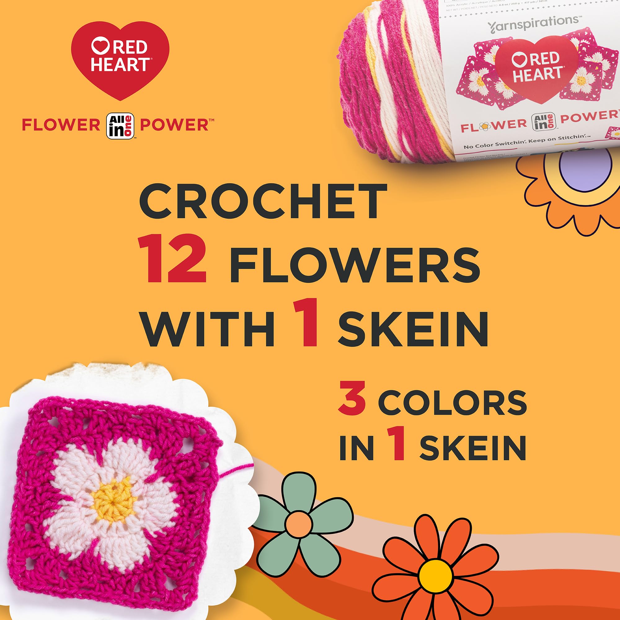 Red Heart All in ONE Flower Power Peony pop Yarn - 3 Pack of 8.8oz/250g - 100% Acrylic - #4 Worsted (Medium) - 440 Yards - Knitting/Crochet