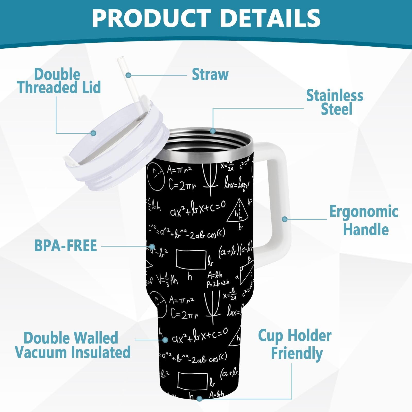 susiyo Seamless Math Elements 40 oz Tumbler with Handle,Insulated Water Bottle Stainless Steel Reusable Iced Coffee Cup Fit in Car Holder, BPA Free, Leak Proof,Keeps Cold or Hot