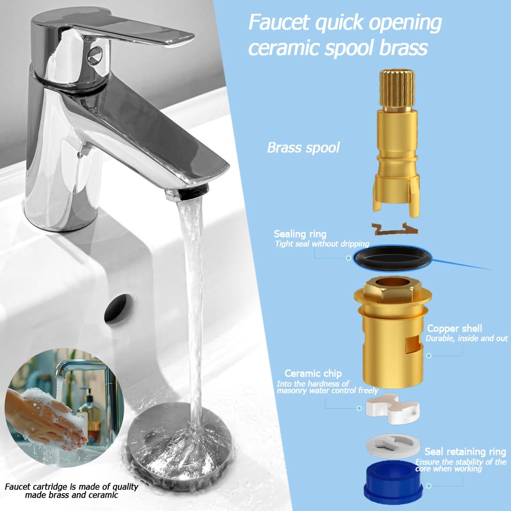 Eyech 2Pcs Brass Faucet Cartridge Replacement, 20 Teeth G1/2" Ceramic Disc Cartridge Hot and Cold Valve Stem Core Set for Bathroom Kitchen Faucets