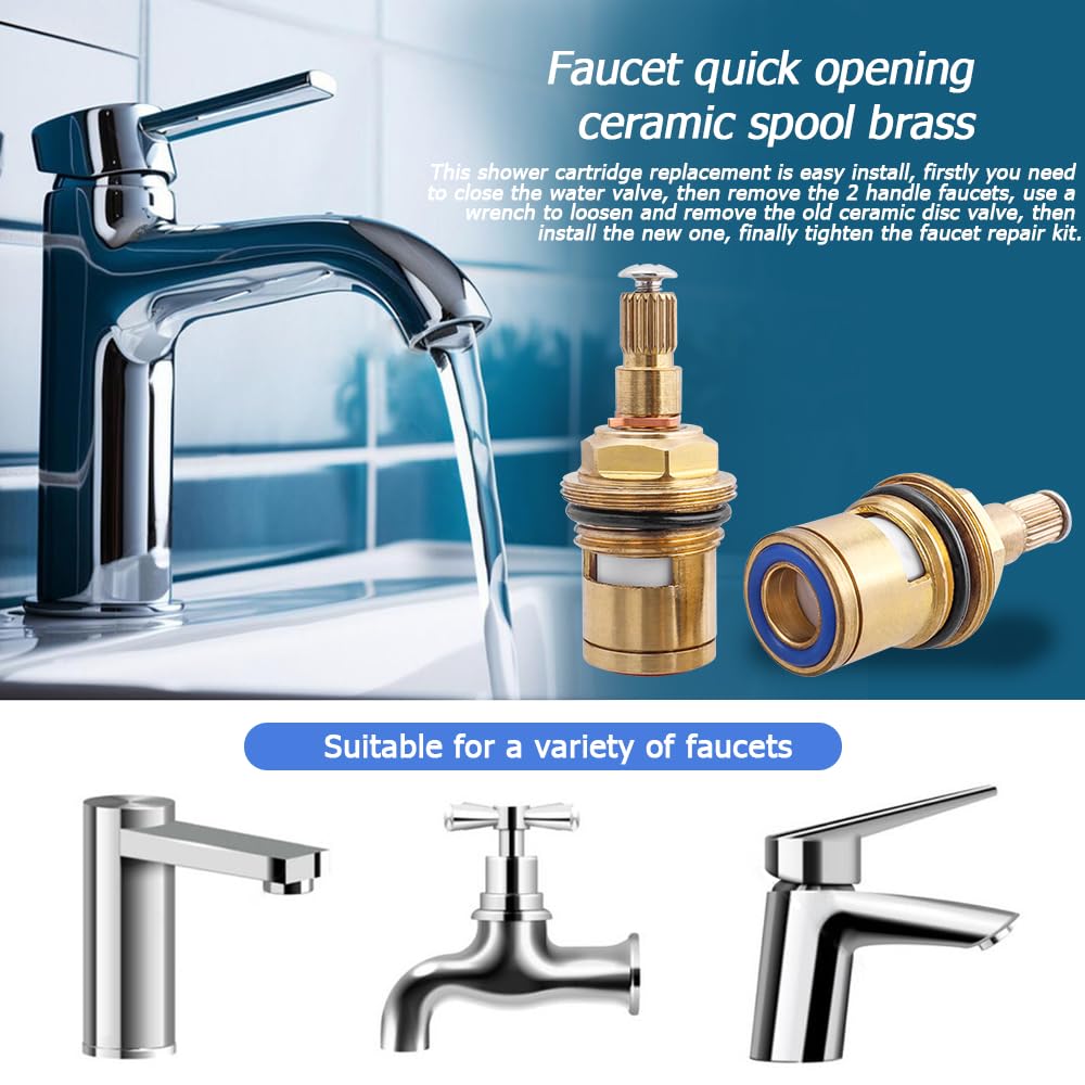 Eyech 2Pcs Brass Faucet Cartridge Replacement, 20 Teeth G1/2" Ceramic Disc Cartridge Hot and Cold Valve Stem Core Set for Bathroom Kitchen Faucets
