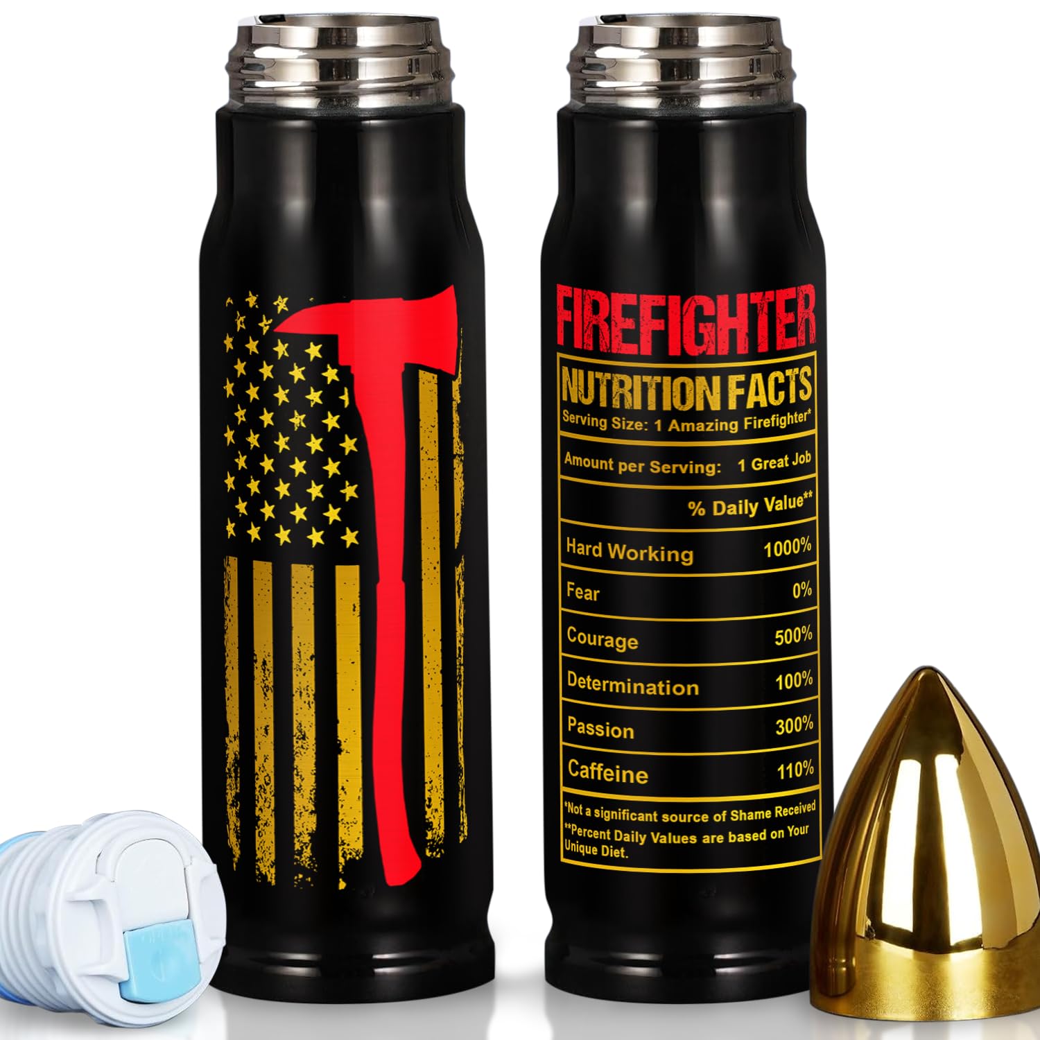 FROOBLEQUIRK Firefighter Nutrition Facts Bullet Tumbler, 17oz Firefighters Coffee Tumbler, Firemen Tumblers For Men - Firefighter Graduation Gifts, Christmas Gift For Men Dad Grandpa Husband Fireman