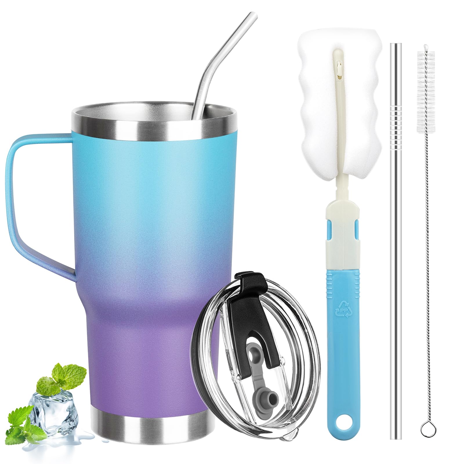 GUDEMAO 20 oz Tumbler with Handle, Stainless Steel Insulated Tumbler with Lid and Straw, Double Wall Vacuum Insulated Coffee Mug Tumbler, Insulated Coffee Thermal Cup for Cold and Hot（Blue Purple）