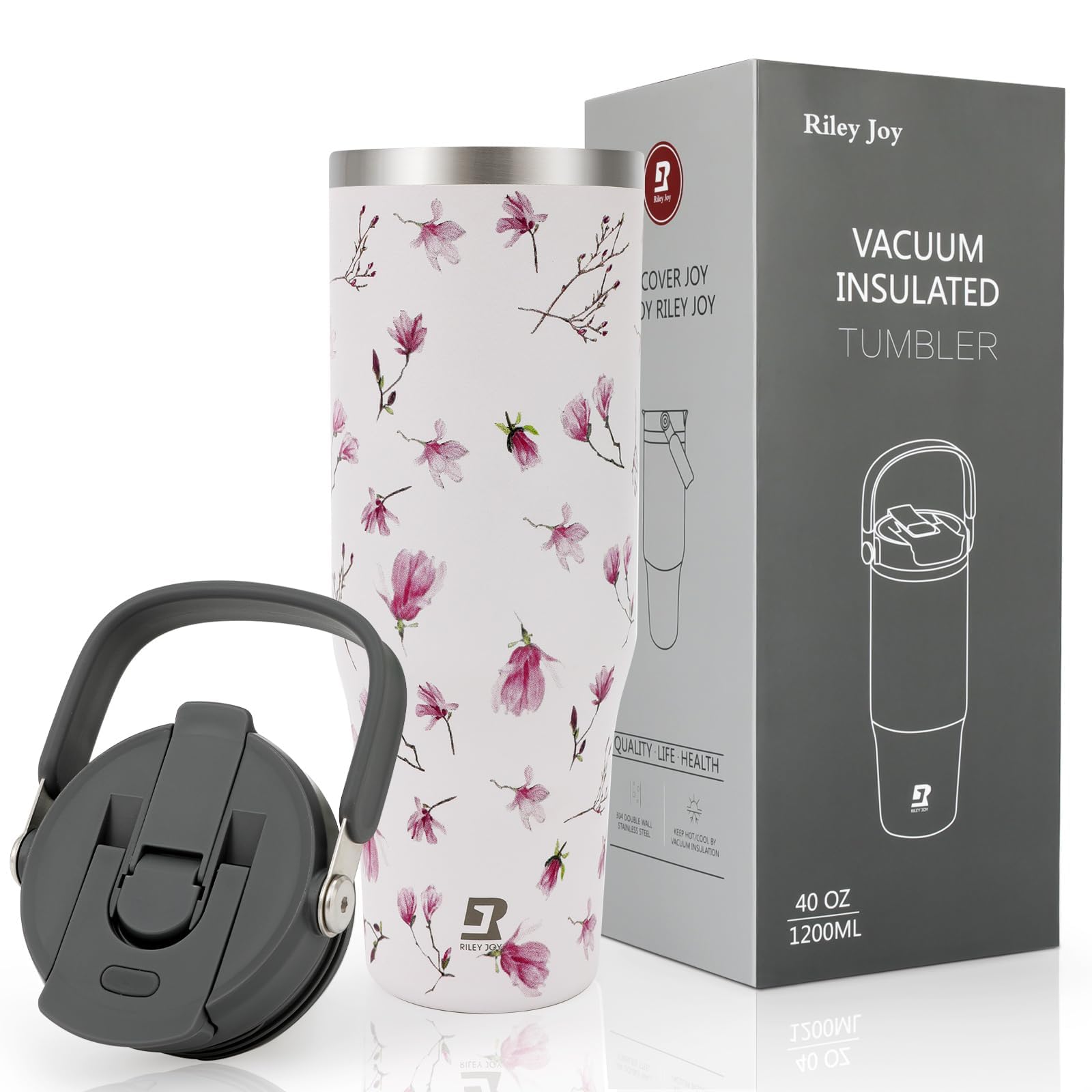 Riley Joy 40 oz Personal Style Stainless Steel Tumbler with Leak-Proof Lid and Straw, Double-Wall Vacuum Insulated Travel Mug for Coffee, Iced Tea, or Water - Ideal for Commutes and Outdoor
