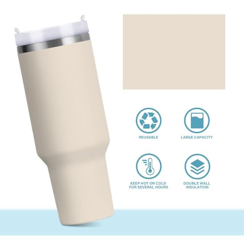 Emelivor Beige 40 oz Tumbler with Lid and Straw Insulated Tumblers with Handle Travel Coffee Mug Cup Large Water Bottles Cup for Hot and Iced Cold Drinks
