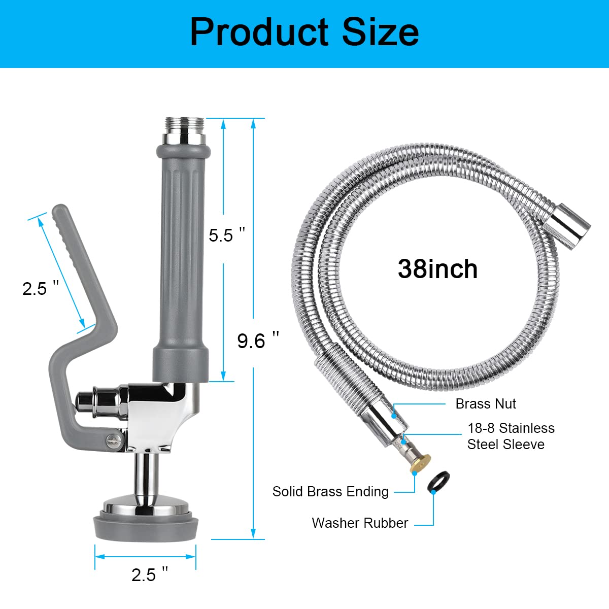 Pre Rinse Spray Valve with 38'' Stainless Hose, Flexible Commercial Sink Hose High Pressure Restaurant Dish Sprayer with Ergonomic Handle Assembly Kit for Commercial Wall Mount Kitchen Faucet