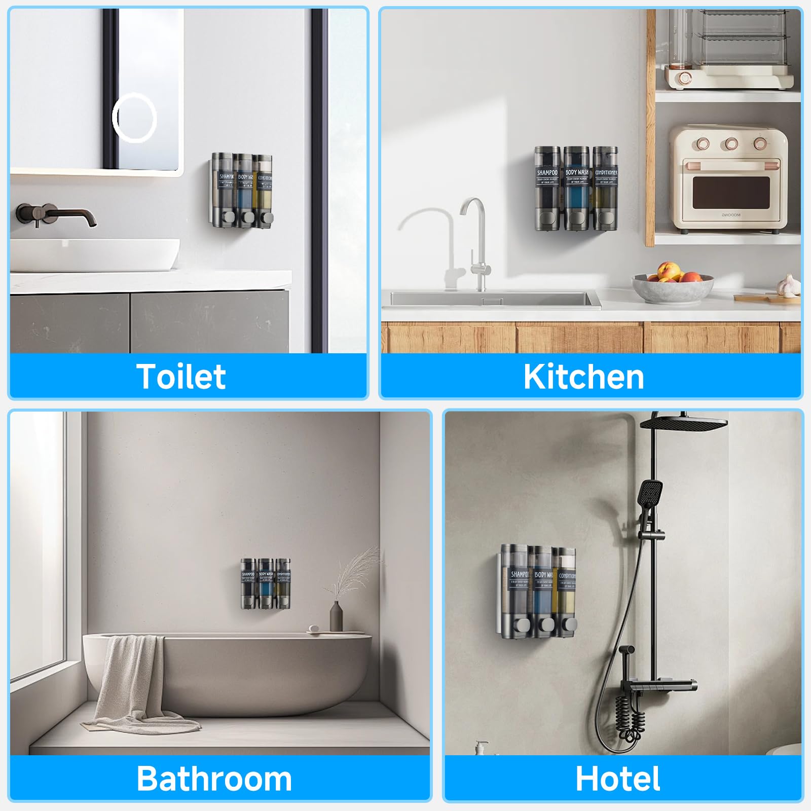 Shampoo and Conditioner Dispenser,GlintGath Shower Dispenser 3 Chamber No Drill Shampoo Dispenser for Shower Wall Mounted Shower Soap Dispenser for Bathroom Hotel,3 * 300ML,Gun Gray