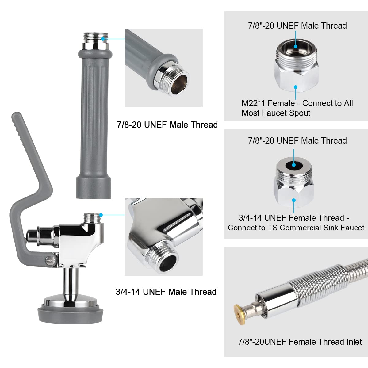 Pre Rinse Spray Valve with 38'' Stainless Hose, Flexible Commercial Sink Hose High Pressure Restaurant Dish Sprayer with Ergonomic Handle Assembly Kit for Commercial Wall Mount Kitchen Faucet