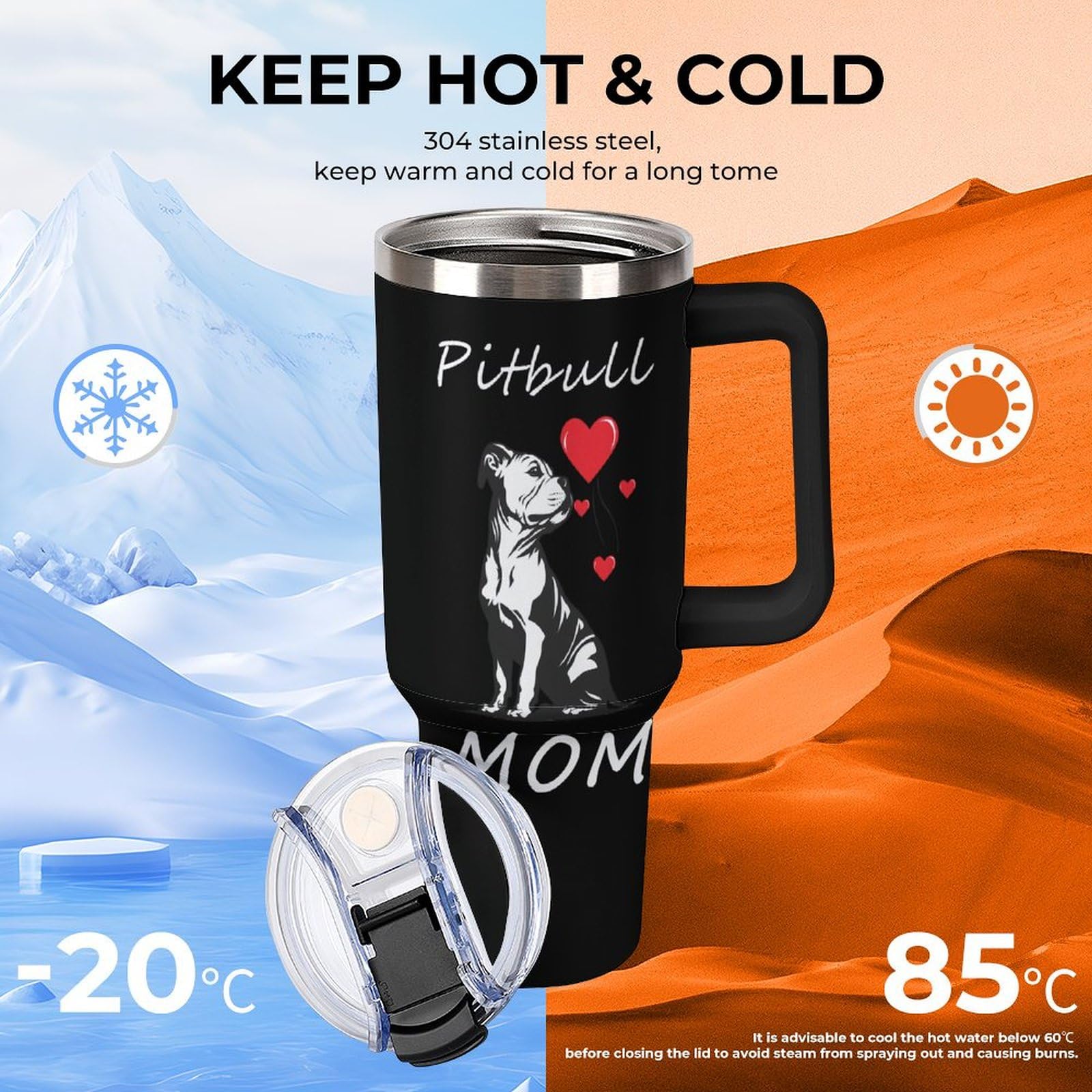 Pitbull Mom 40 Oz Tumbler Insulated Stainless Steel Water Bottle Travel Mug Car Cup with Handle and Straw