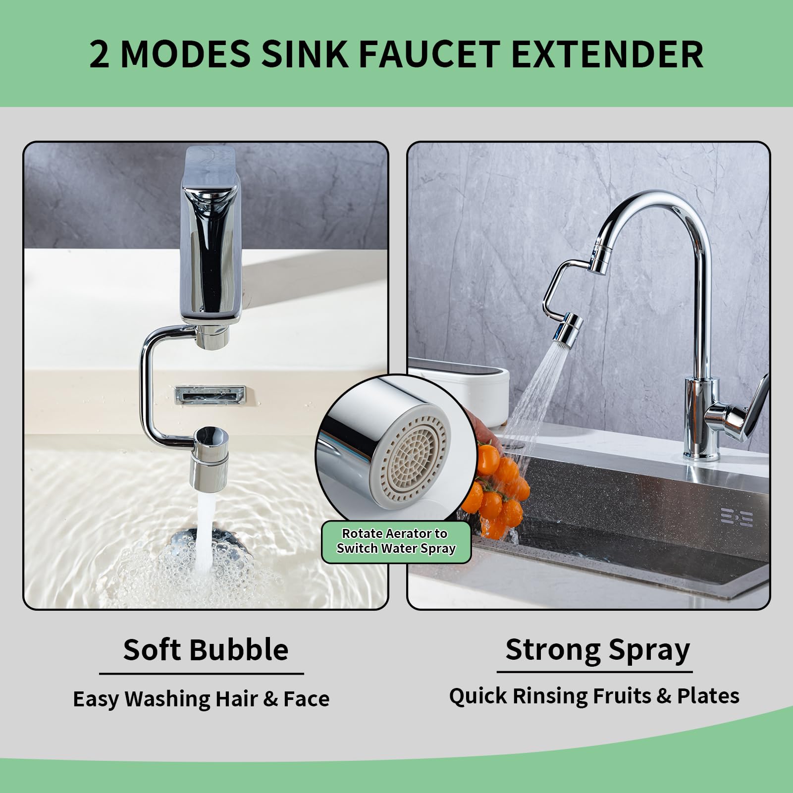 SELLO 1080° Rotating Faucet Extender for Bathroom Sink, Sink Water Faucet Aerator with Brass Extension, Kitchen Faucet Extender with 2 Mode Splash,Adjustable Swivel Arm