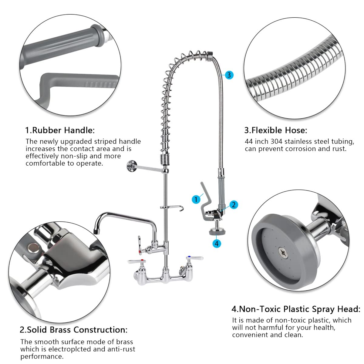 Pre Rinse Spray Valve with 38'' Stainless Hose, Flexible Commercial Sink Hose High Pressure Restaurant Dish Sprayer with Ergonomic Handle Assembly Kit for Commercial Wall Mount Kitchen Faucet