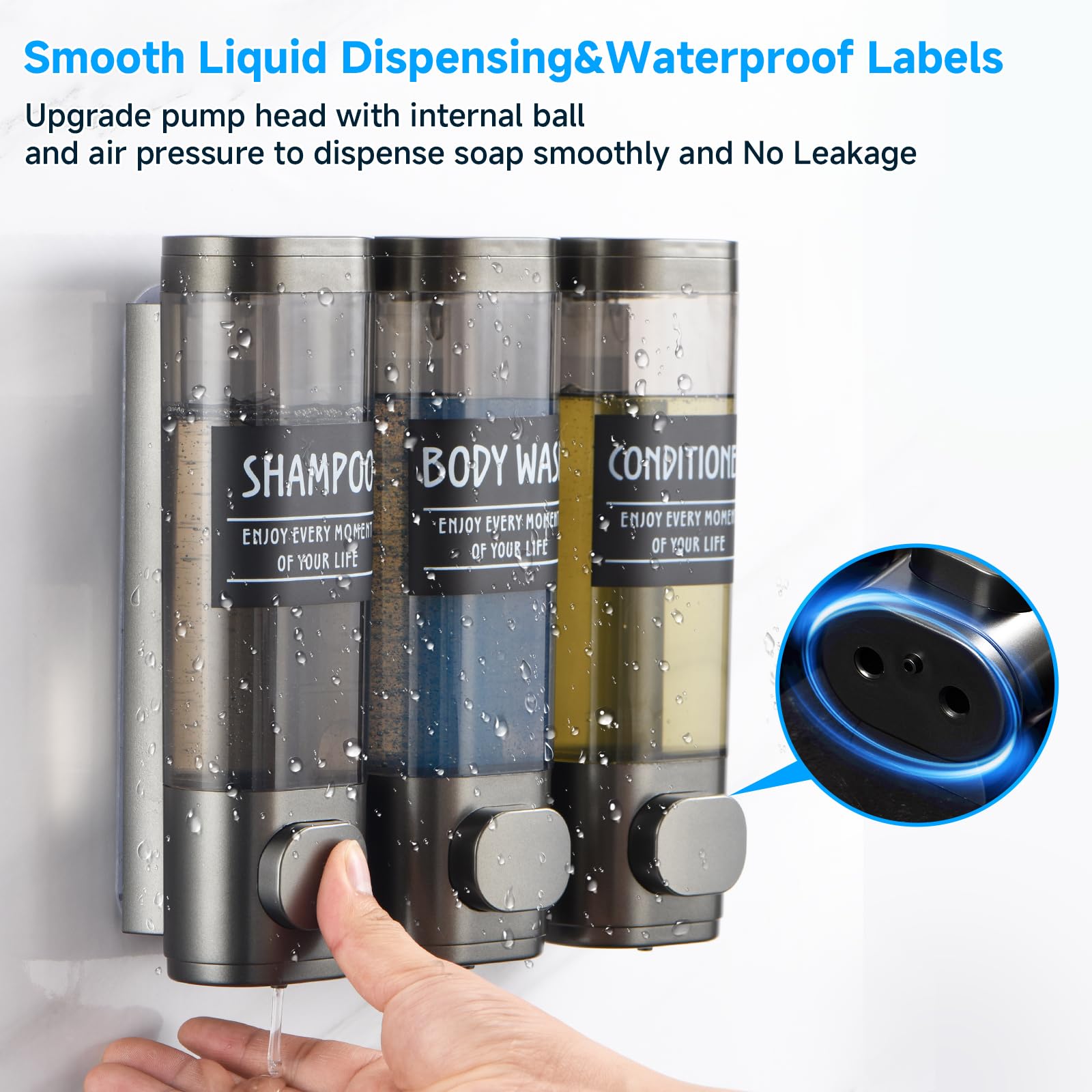 Shampoo and Conditioner Dispenser,GlintGath Shower Dispenser 3 Chamber No Drill Shampoo Dispenser for Shower Wall Mounted Shower Soap Dispenser for Bathroom Hotel,3 * 300ML,Gun Gray
