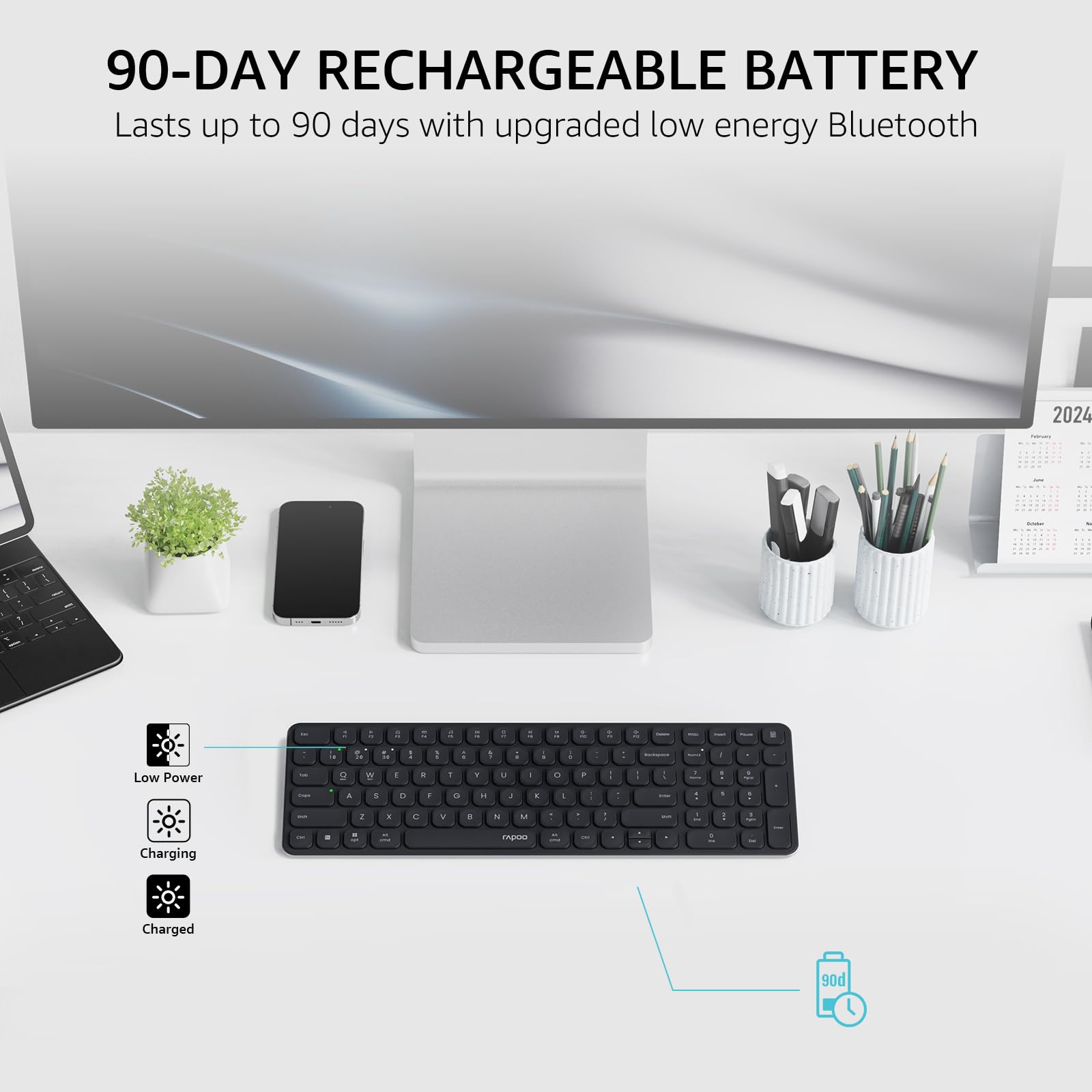 Rapoo E9350L Rechargeable Wireless Keyboard, Support 4 Devices, Ultra-Slim with Indicator Light, Quiet, 90-Day Battery Life, Full Size Keyboard with Numeric Keypad for Windows/Mac/Linux/Chrome, Black