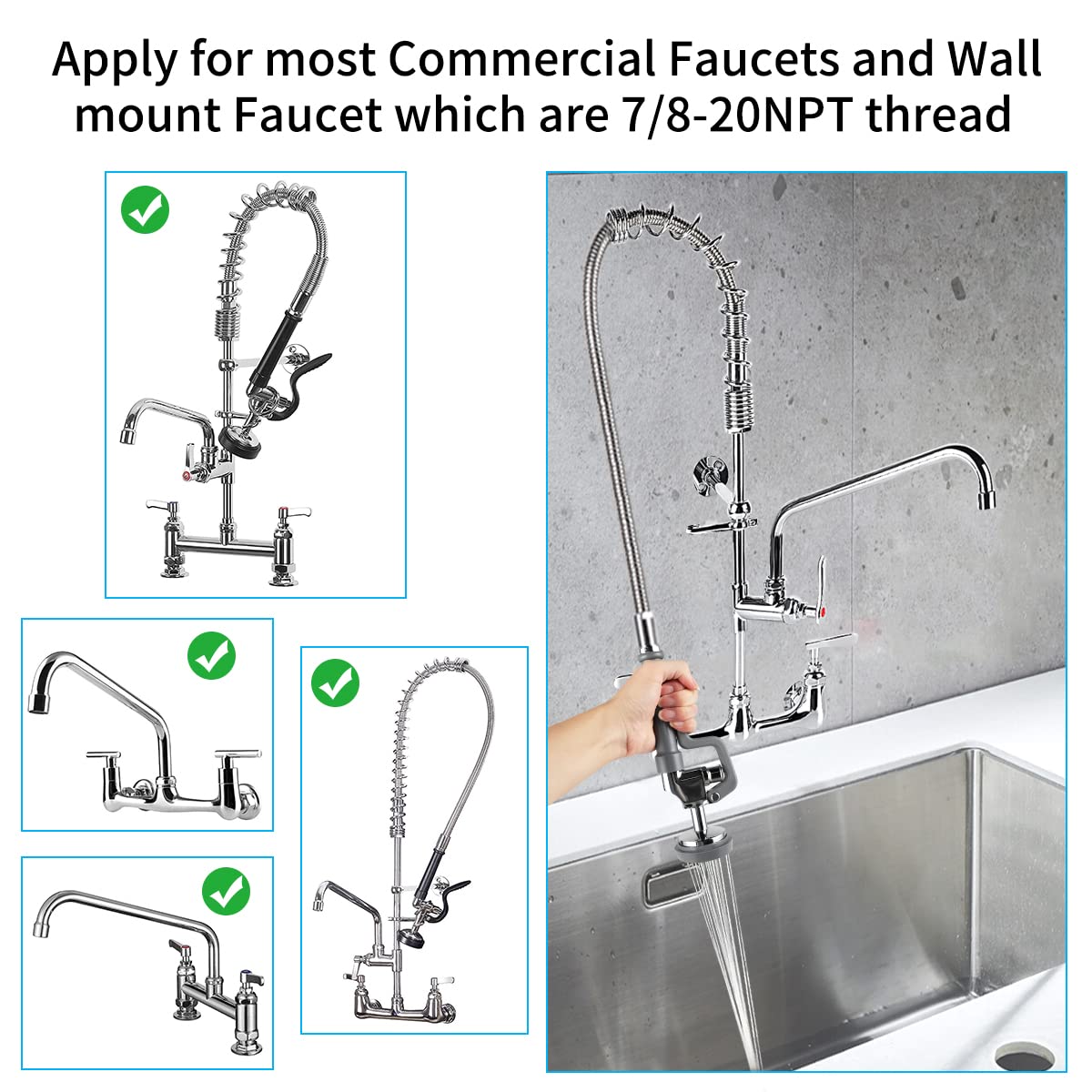 Pre Rinse Spray Valve with 38'' Stainless Hose, Flexible Commercial Sink Hose High Pressure Restaurant Dish Sprayer with Ergonomic Handle Assembly Kit for Commercial Wall Mount Kitchen Faucet
