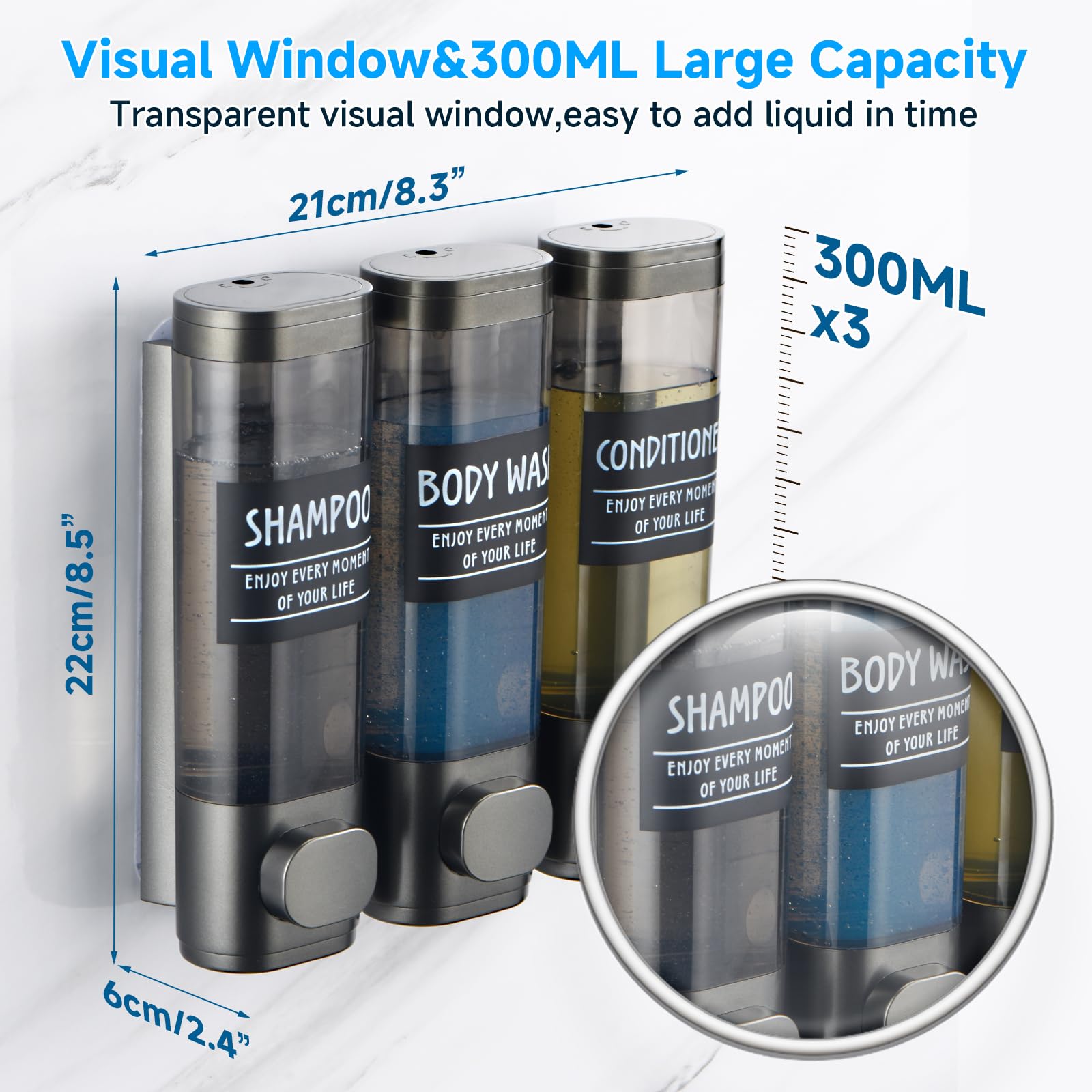 Shampoo and Conditioner Dispenser,GlintGath Shower Dispenser 3 Chamber No Drill Shampoo Dispenser for Shower Wall Mounted Shower Soap Dispenser for Bathroom Hotel,3 * 300ML,Gun Gray
