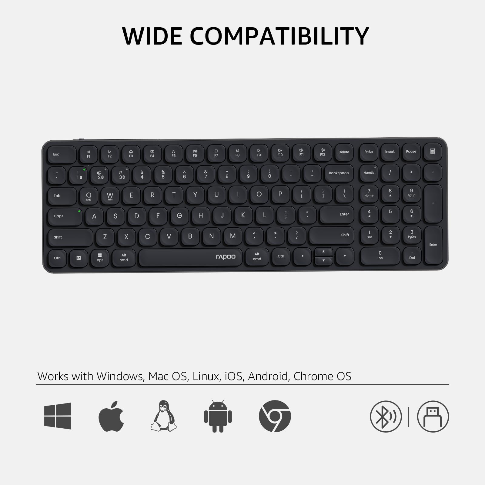 Rapoo E9350L Rechargeable Wireless Keyboard, Support 4 Devices, Ultra-Slim with Indicator Light, Quiet, 90-Day Battery Life, Full Size Keyboard with Numeric Keypad for Windows/Mac/Linux/Chrome, Black