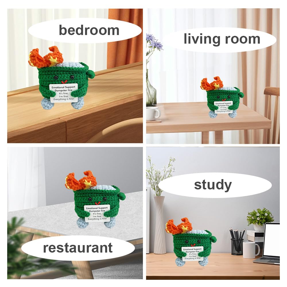 Emotional Support Crochet Dumpster Fire with Positive Card Cute Room Decor Knitted Toys Funny Crochet Support Buddies Gifts for Friends (Green)