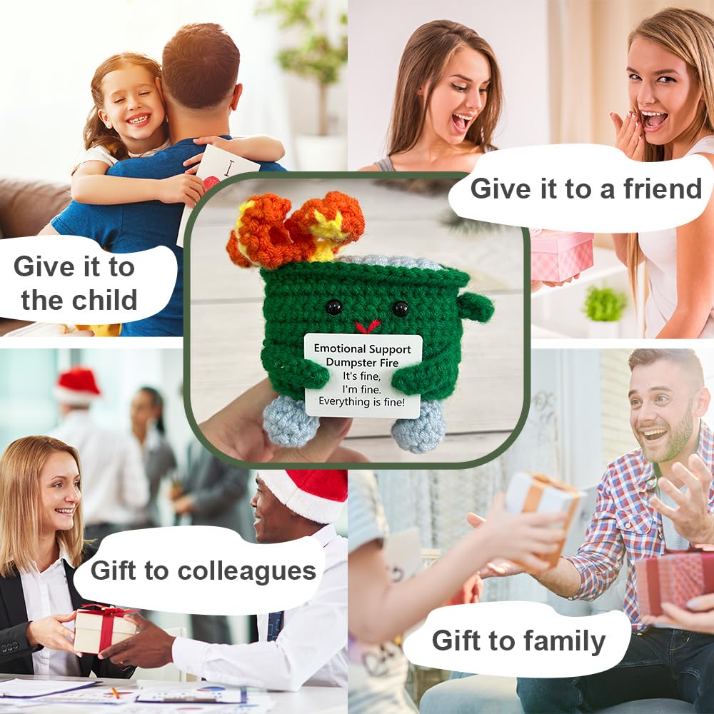 Emotional Support Crochet Dumpster Fire with Positive Card Cute Room Decor Knitted Toys Funny Crochet Support Buddies Gifts for Friends (Green)