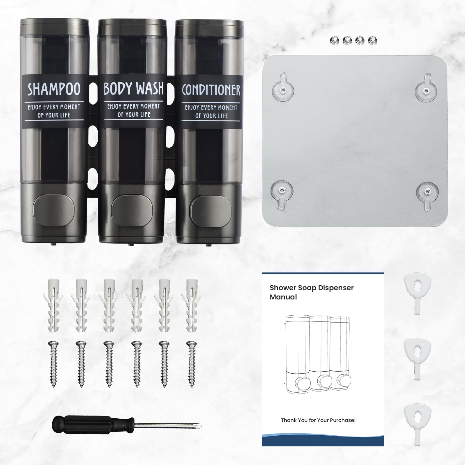 Shampoo and Conditioner Dispenser,GlintGath Shower Dispenser 3 Chamber No Drill Shampoo Dispenser for Shower Wall Mounted Shower Soap Dispenser for Bathroom Hotel,3 * 300ML,Gun Gray