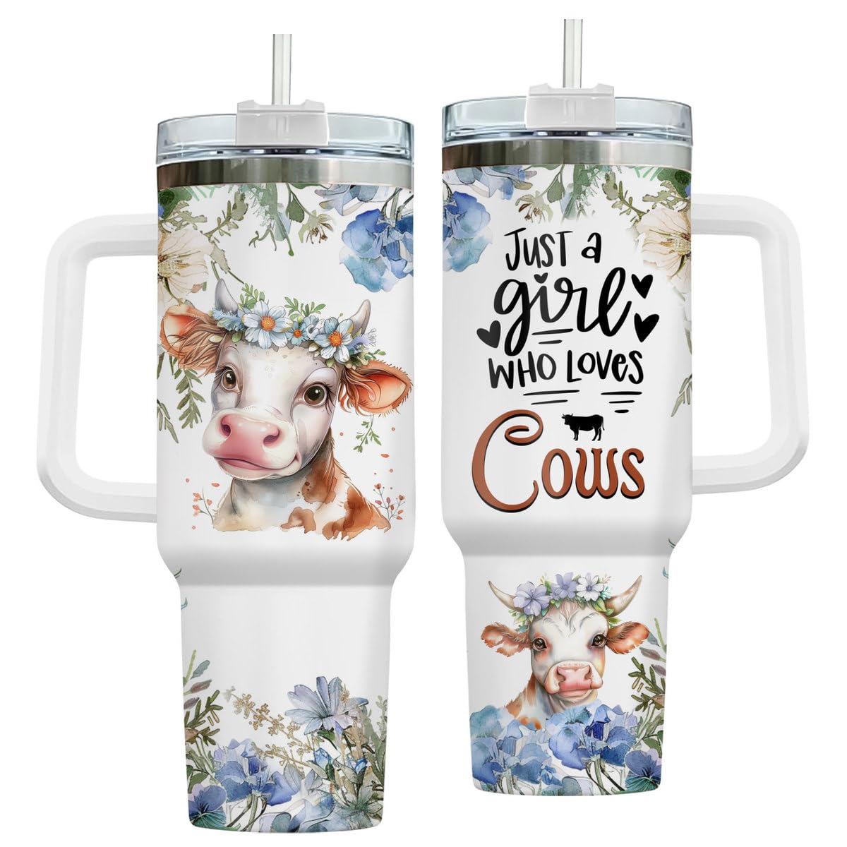 GEPOSTORE Christmas Gifts for Women Teens Girls, Just A Girl Who Loves Cow Tumbler 40oz with Handle, Cute Cow Travel Mug, Birthday Gifts for Farm Animal Lover