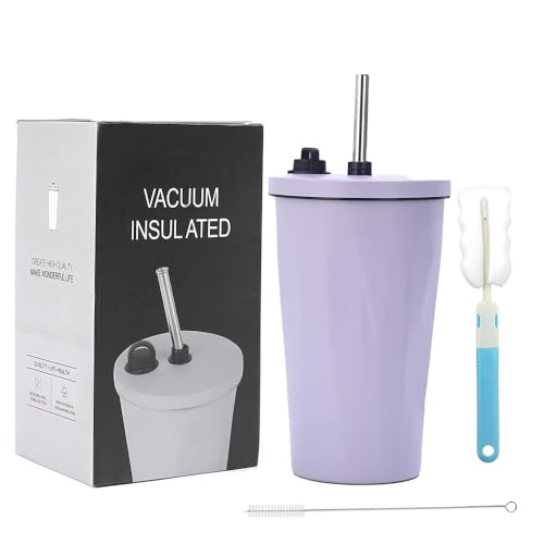 FRAGSCEN Insulated Tumbler with Lid and Straw, 20 OZ Stainless Steel Tumbler with Screw Lid, Iced Coffee Cup, Double Wall Vacuum Tumblers, Leakproof Water Bottle Travel Mug, Purple