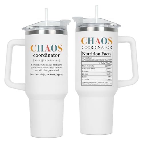 TEEZWONDER Funny Gifts for Women - Chaos Coordinator Insulated 40 Oz Tumbler With Handle - Birthday Thank You Gifts for Women Friends Coworkers Boss Colleagues Employee Teacher Nurse