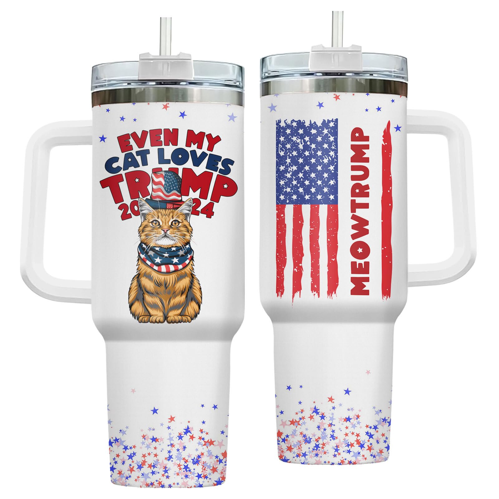GEPOSTORE American Cat Tumbler 40oz with Handle, Meowy Cat US Flag Tumbler Cup, Patriots Gift for Cat Lovers, Birthday Gifts for Cat Mom
