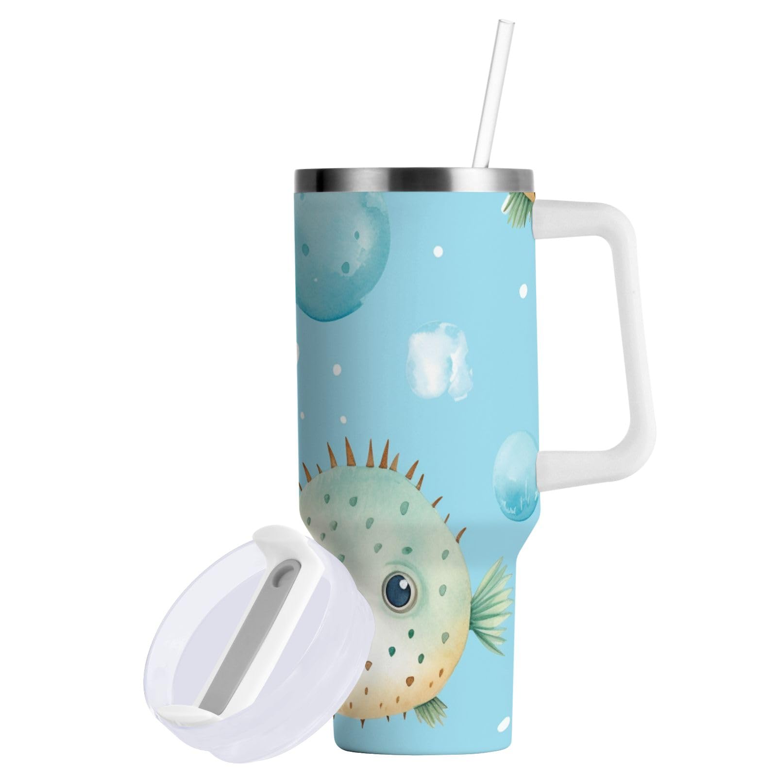 40 oz Cute Pufferfish Insulated Tumbler with Handle, Stainless Steel Vacuum Water Bottles with Lid and Straw for Water, Iced Tea or Coffee