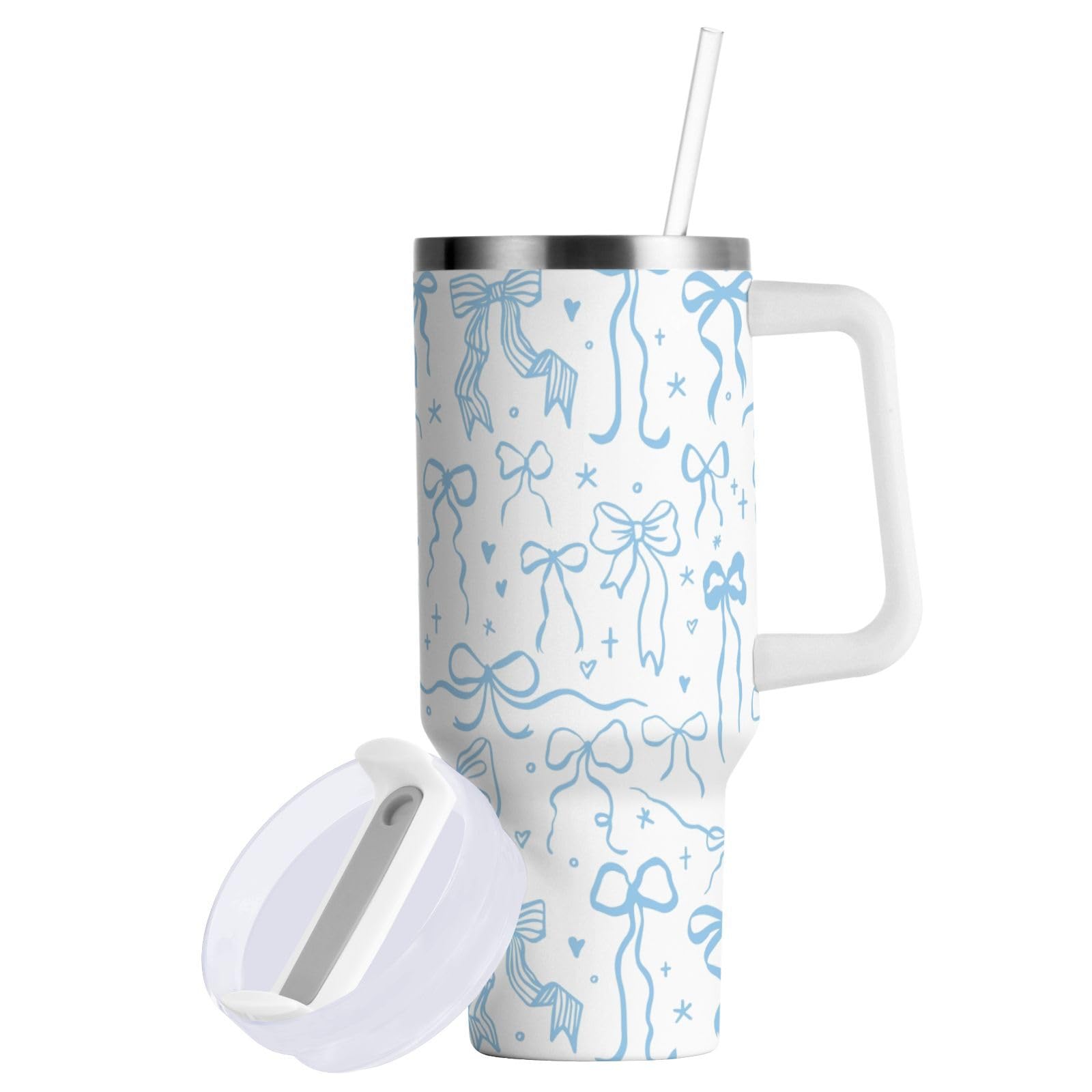 Bseiialft 40 oz Tumbler with Handle Blue Bows Heart Star Water Bottle with Lid and Straw Vacuum Insulated Cup Stainless Steel Travel Coffee Mug for Home Office Car